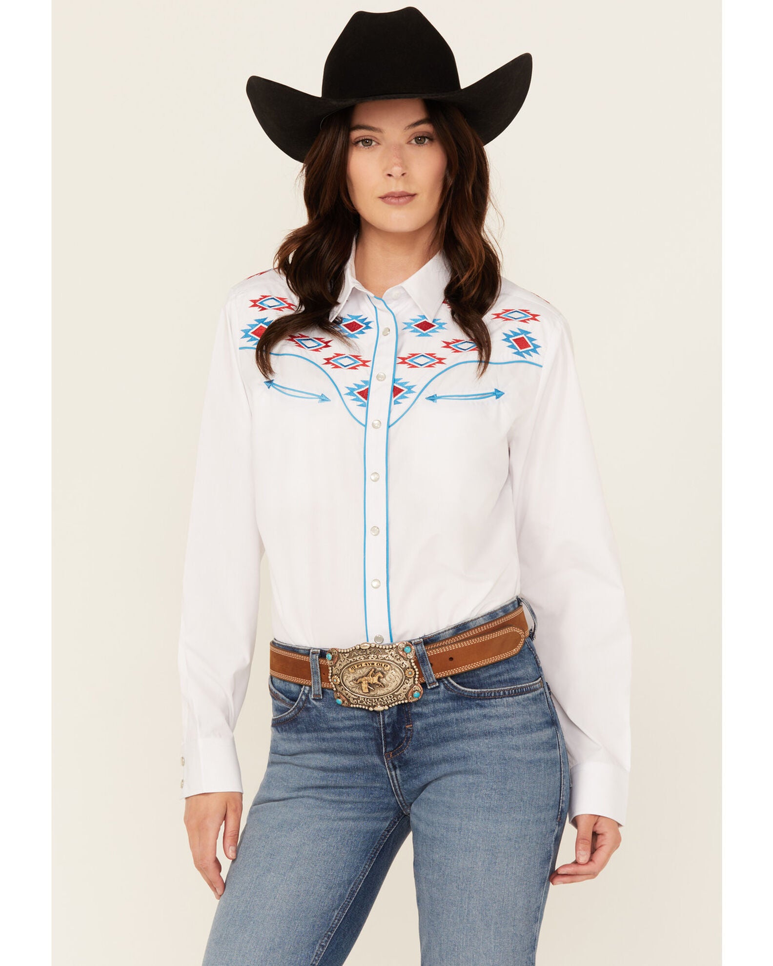 Rodeo Clothing Women's Southwestern Embroidered Long Sleeve Snap Western Shirt, White