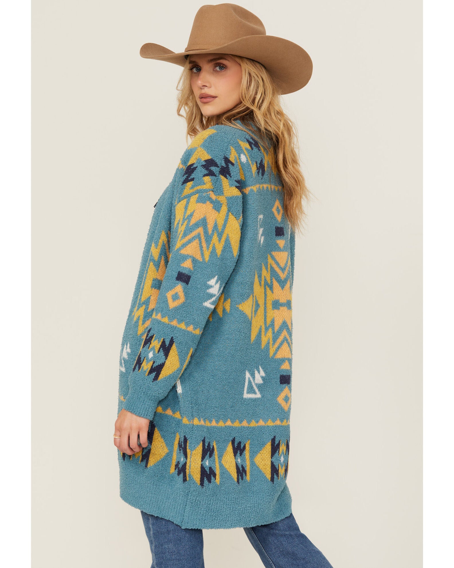 Angie Women's Southwestern Print Open Front Sweater, Teal
