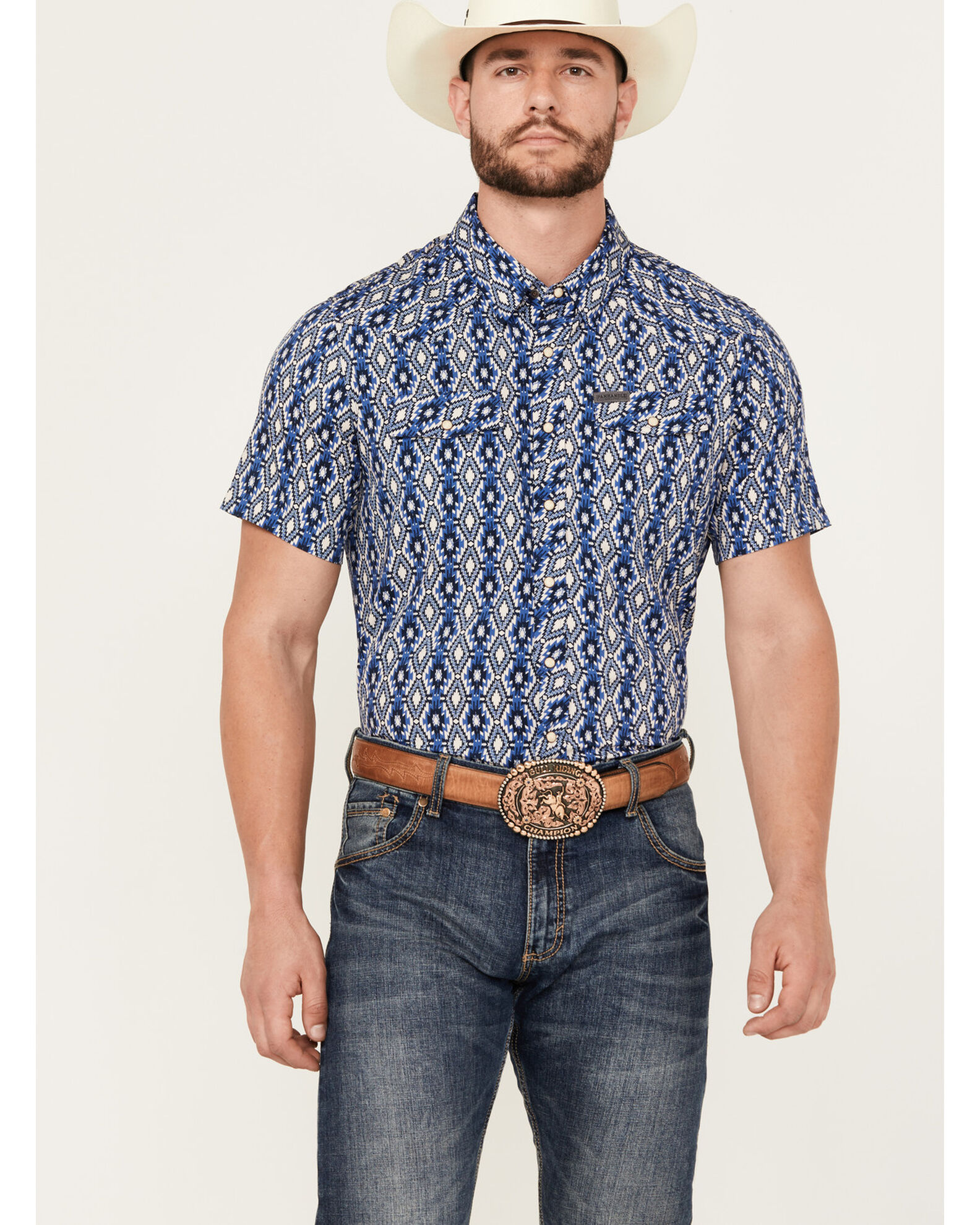 Panhandle Mens Southwestern Print Short Sleeve Snap Performance
