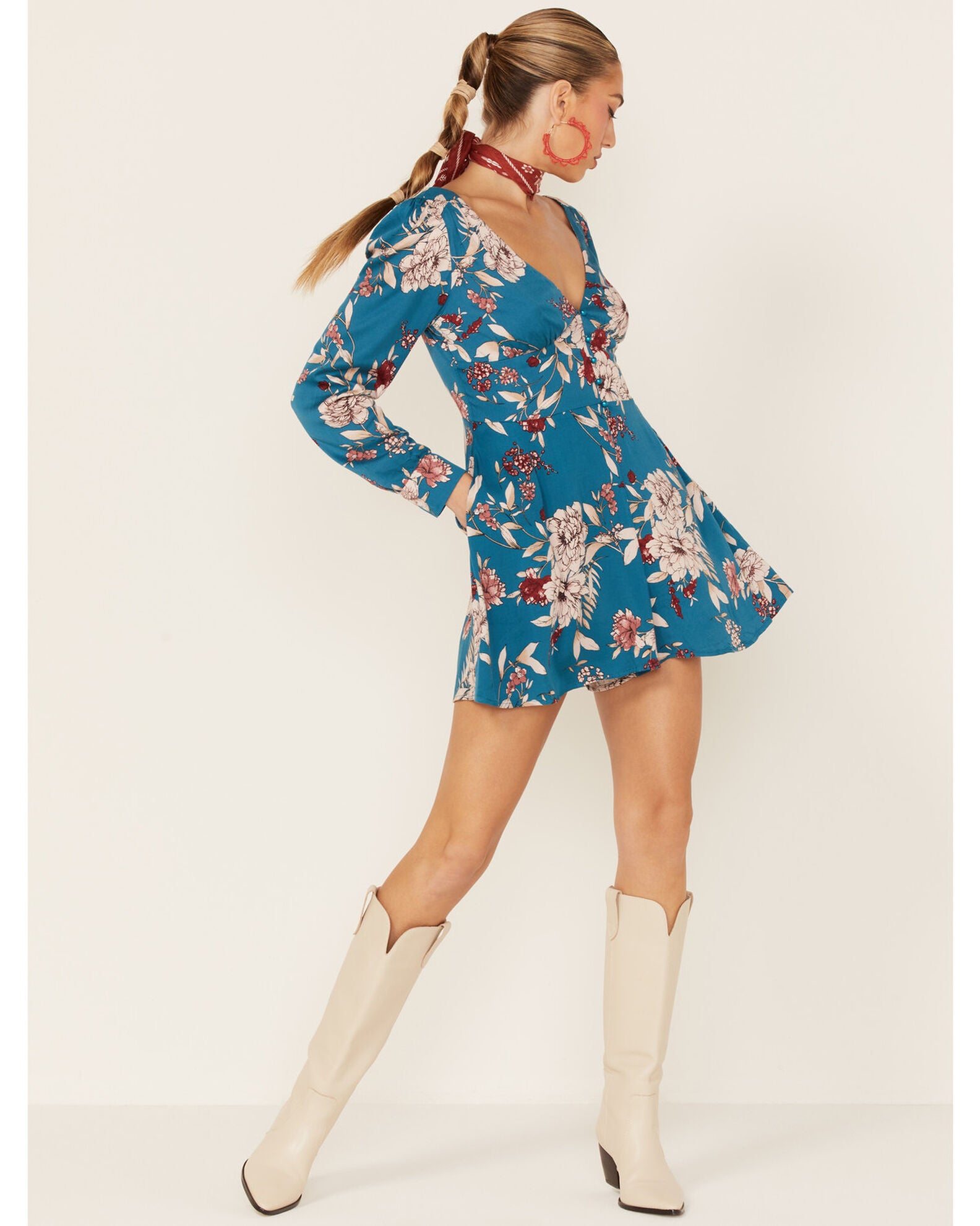 Beyond The Radar Women's Teal Floral Pattern Smocked Back Romper | Sheplers