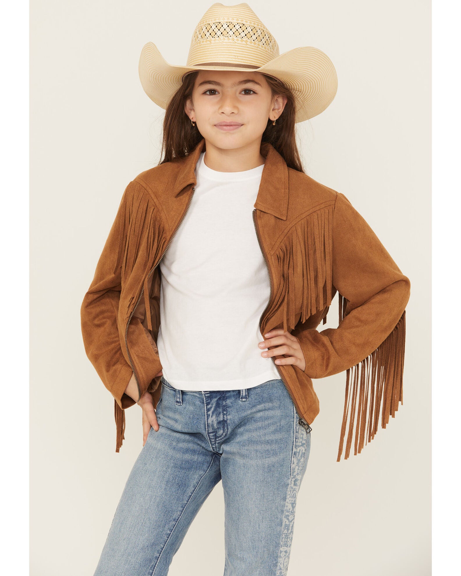 Fornia Girls' Solid Fringe Faux Suede Zip-Up Jacket, Camel