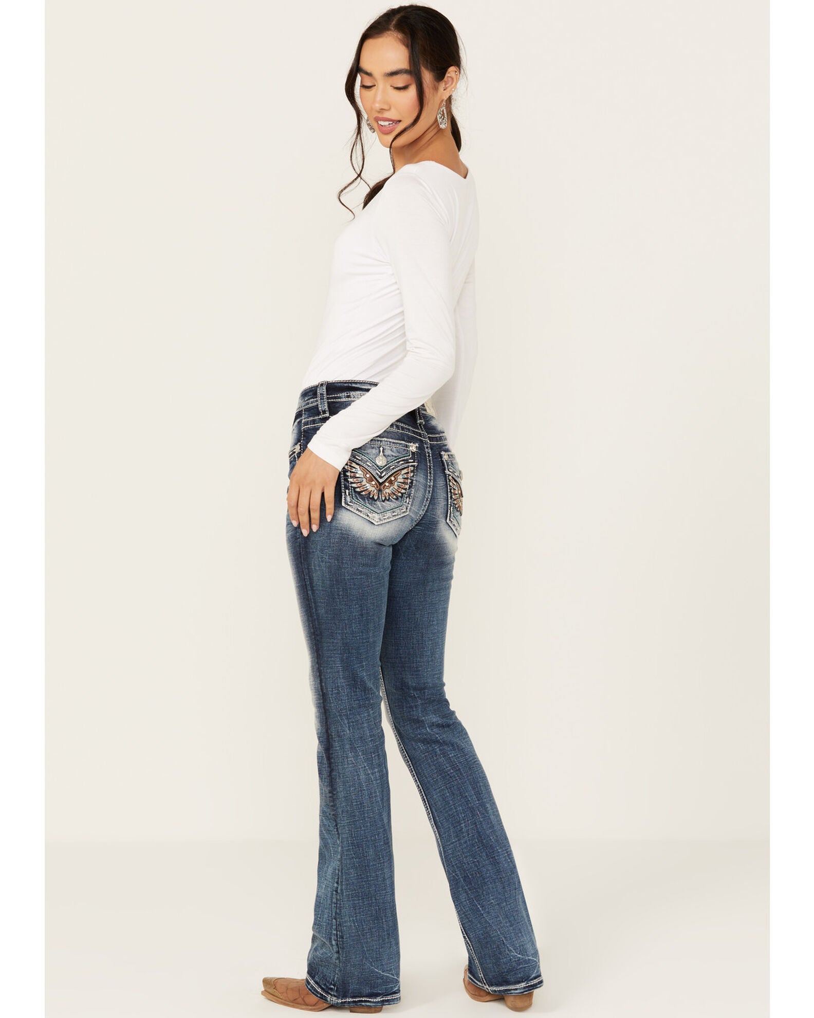 Miss Me Women's Medium Wash Mid Rise Wing Pocket Bootcut Stretch Denim ...
