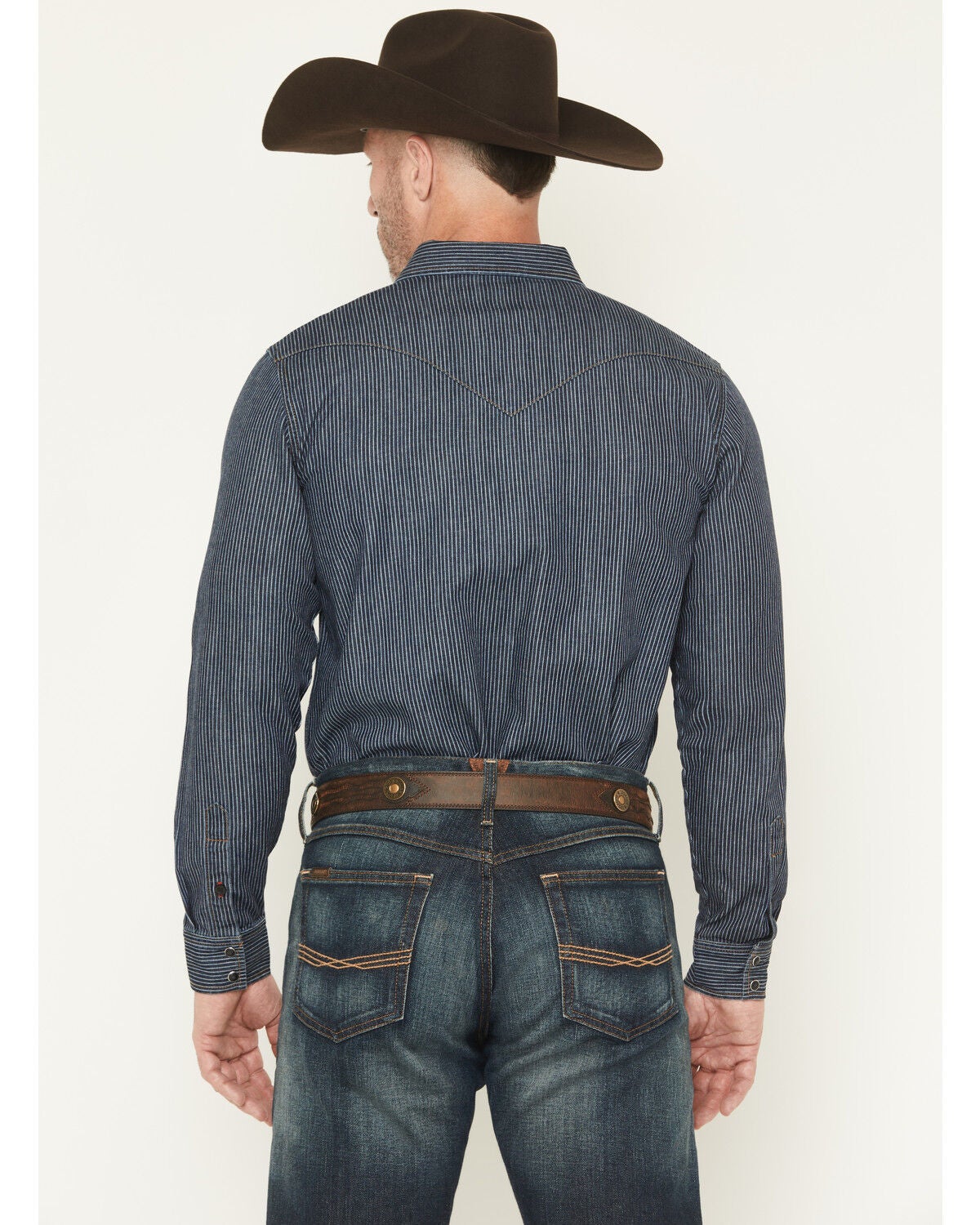 Blue Ranchwear Men's Dark Wash Railroad Striped Print Long Sleeve Snap ...