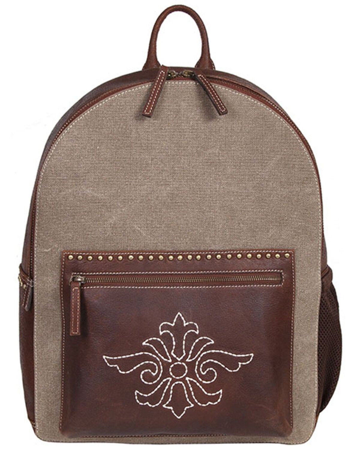 Scully Canvas and Leather Studded and Floral Embroidered Backpack , Tan ...