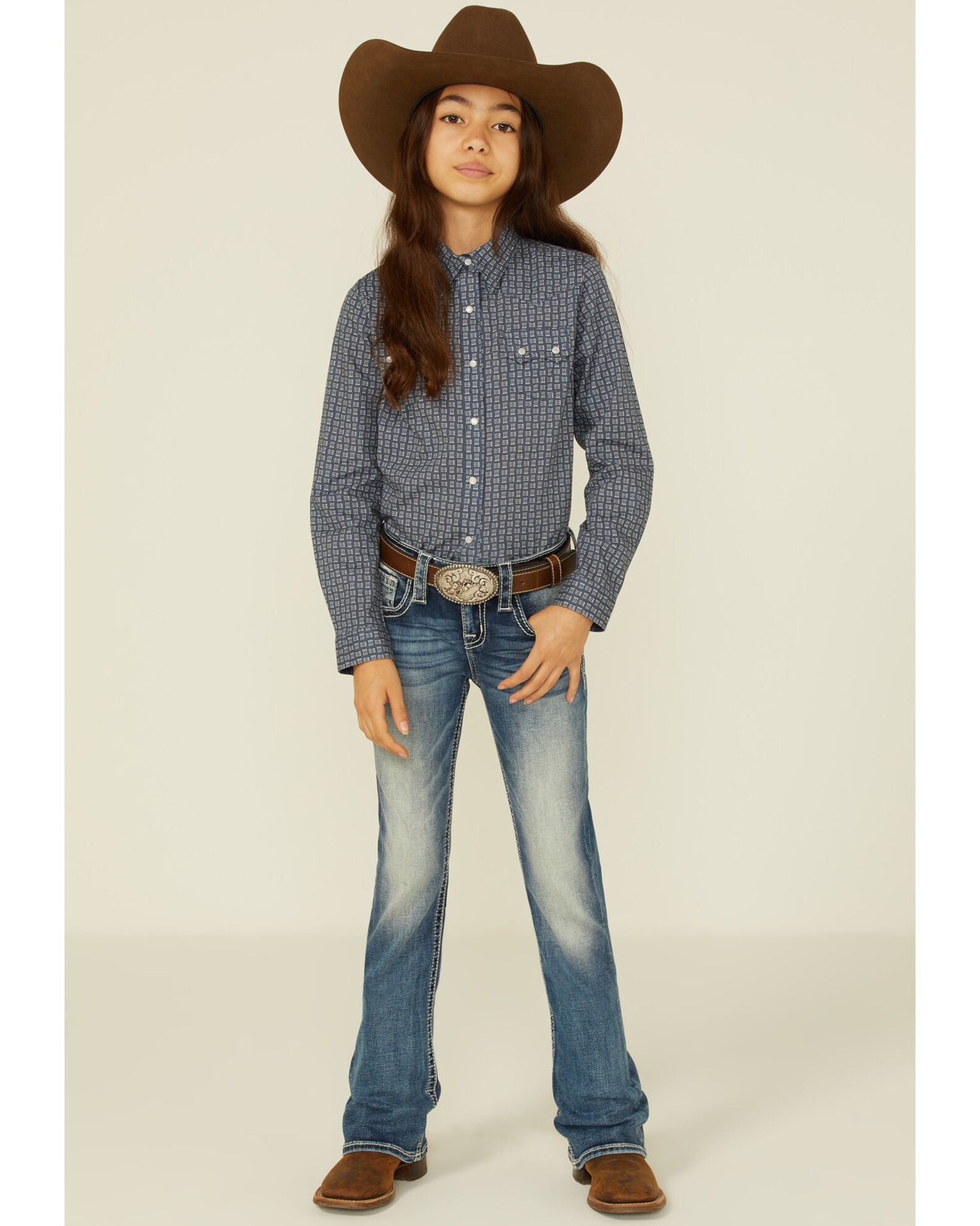 Product Name: Roper Girls' Checkered Arrow Print Long Sleeve Pearl Snap ...