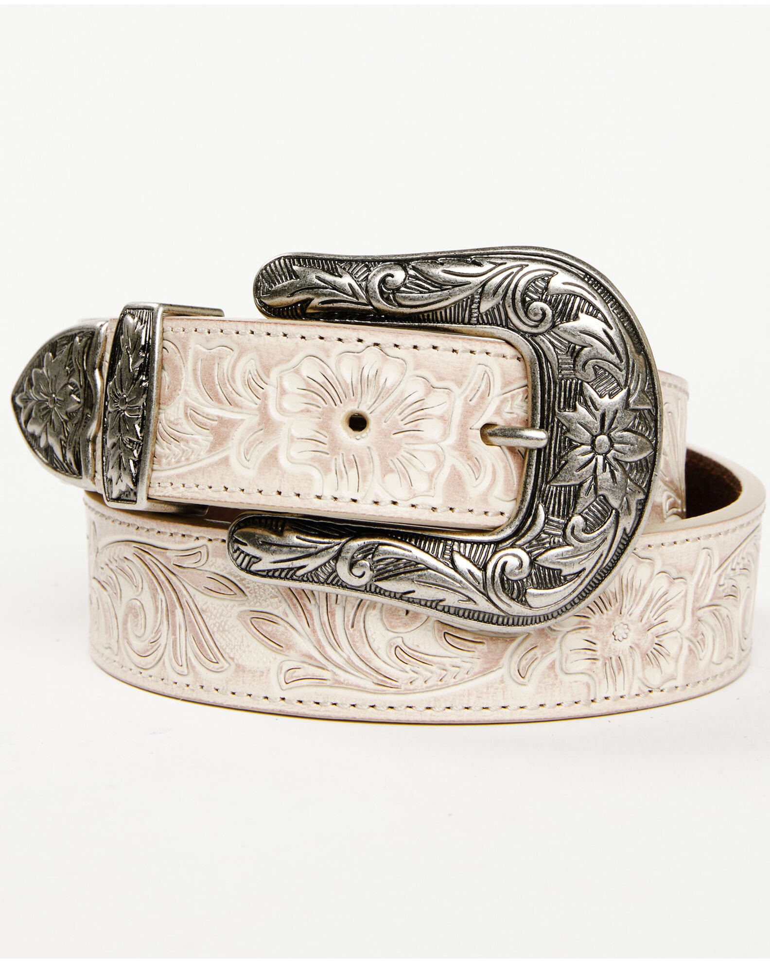 Shyanne Women's Buckle Floral Embossed Western Belt, Off White