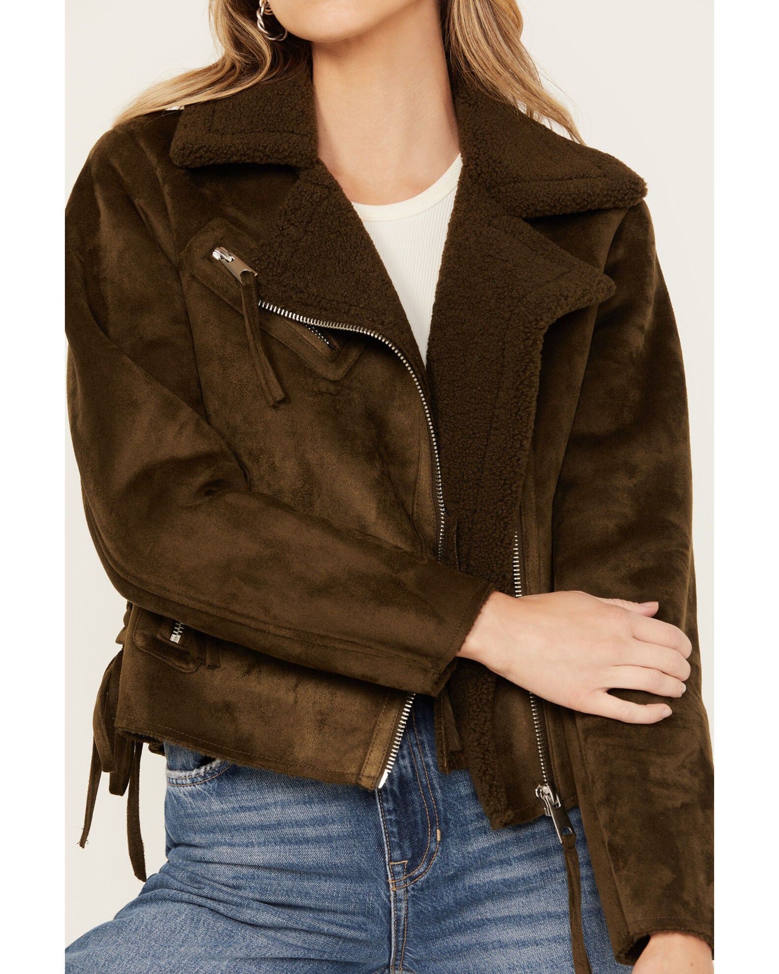 Cleo + Wolf Women's Faux Suede Moto Jacket, Olive
