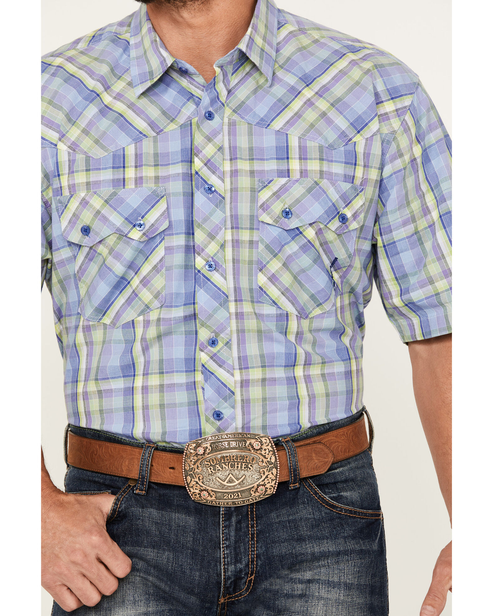 Resistol Mens Miramar Plaid Print Short Sleeve Button Down Western