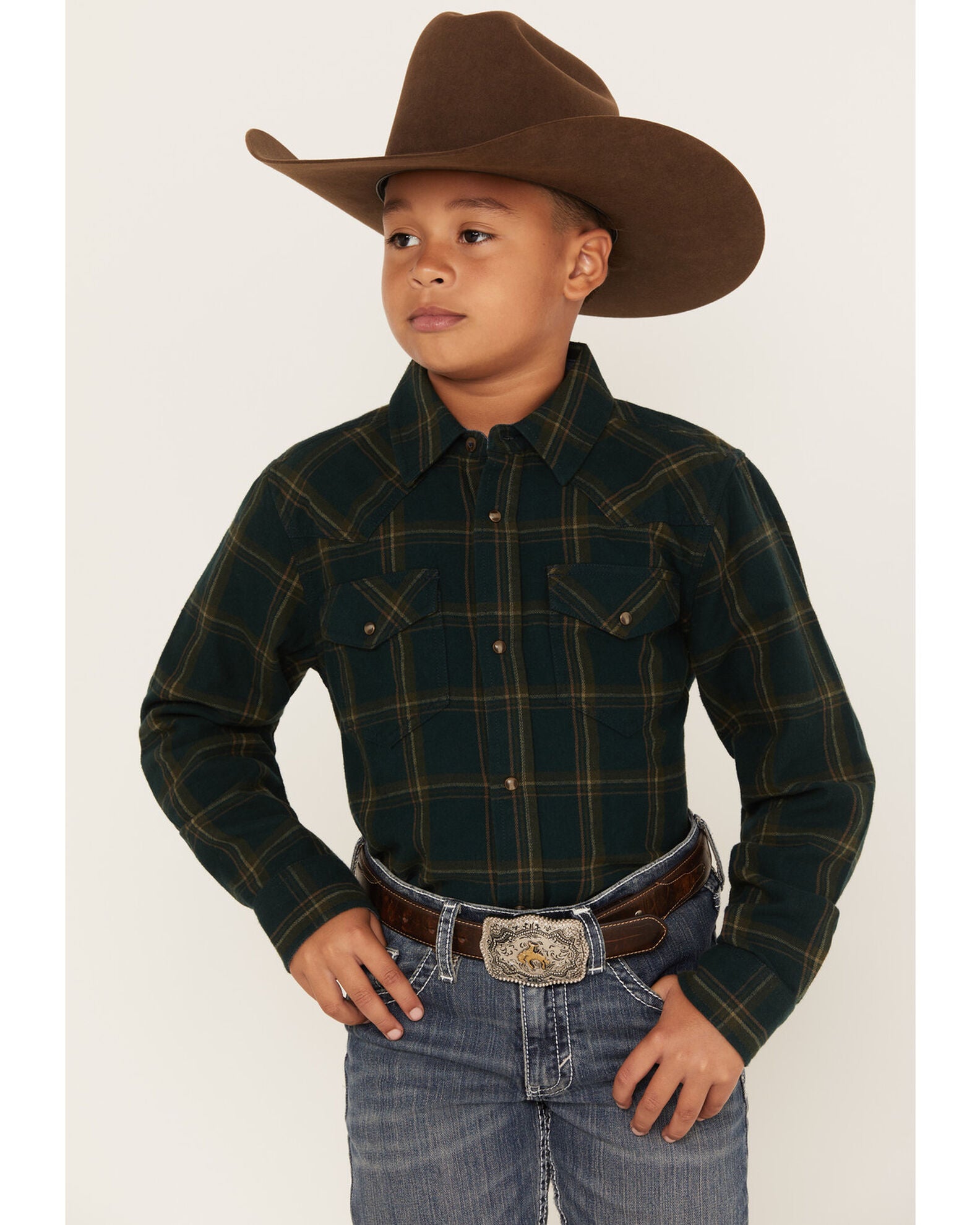 Cody James Boys' Plaid Print Long Sleeve Snap Western Flannel Shirt, Olive