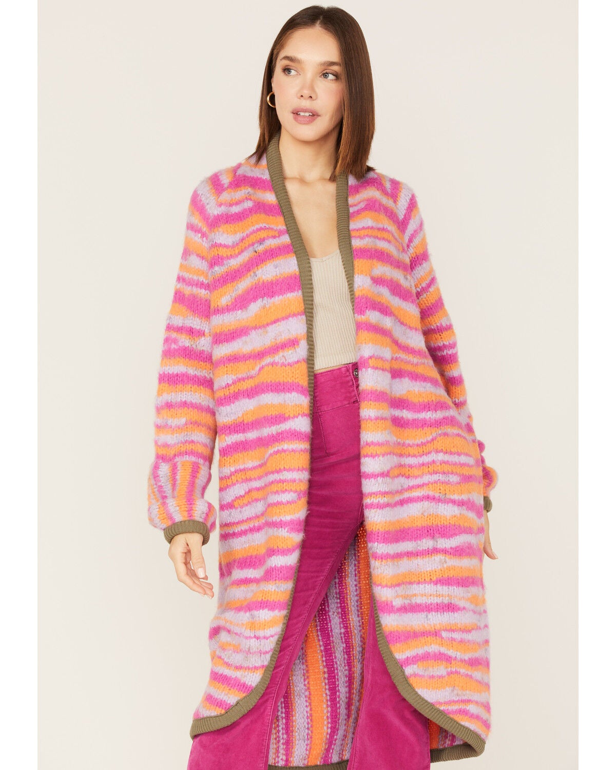 Free People Women's Pink Tiger Knit Duster, Pink