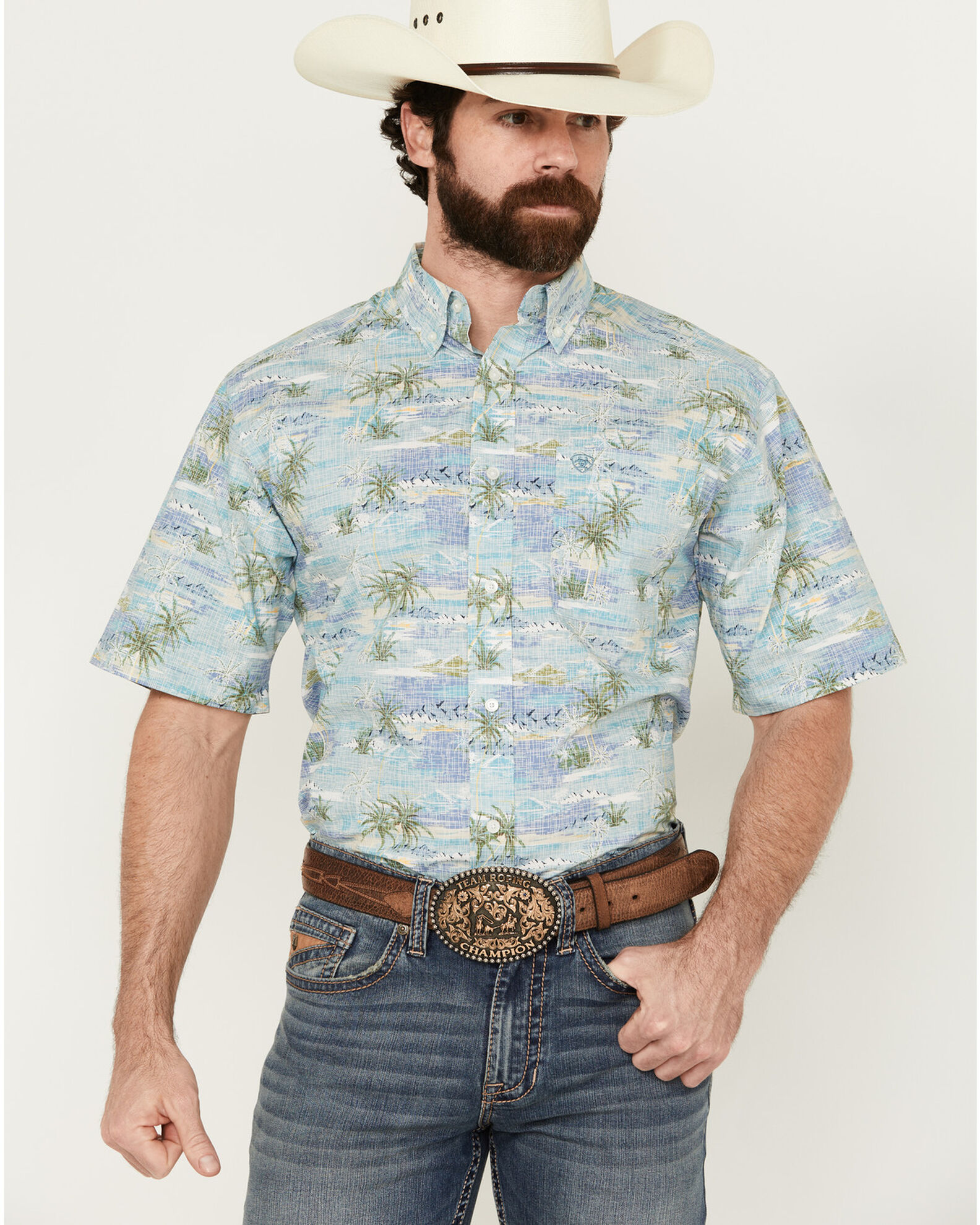 Product Name Ariat Mens Edwin Palm Tree Island Print Short Sleeve