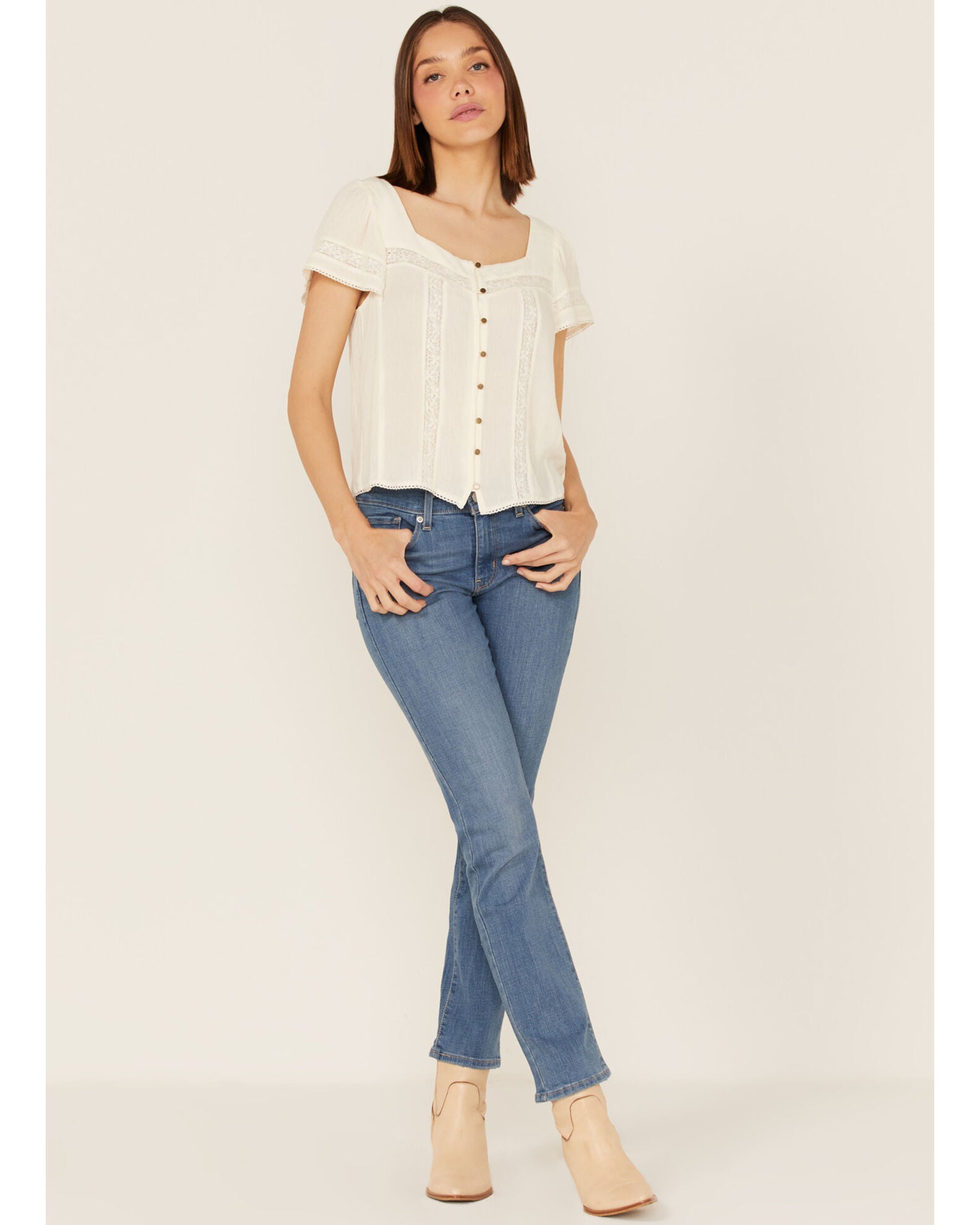 Jolt Women's Lace Trim Button-Down Shirt, Ivory