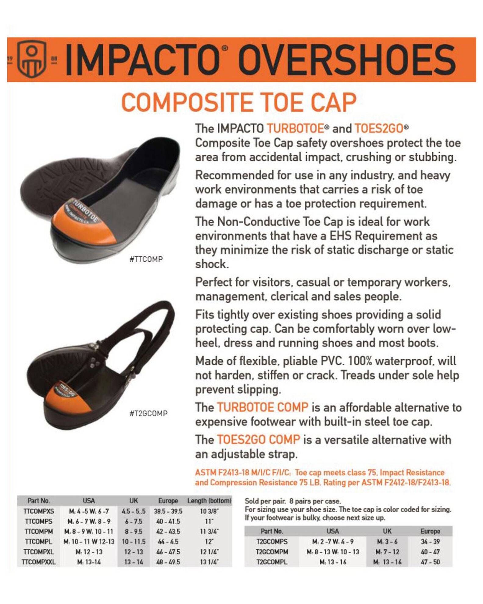 Impacto Toes2Go Composite Toe Cap - Large, Black/orange
