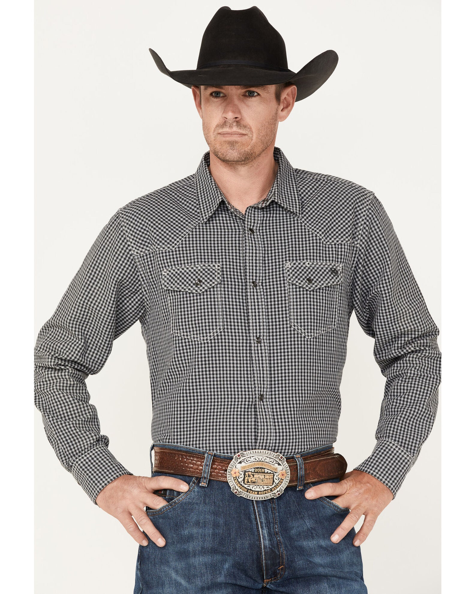 Product Name: Blue Ranchwear Men's Gingham Print Pearl Snap Western Shirt