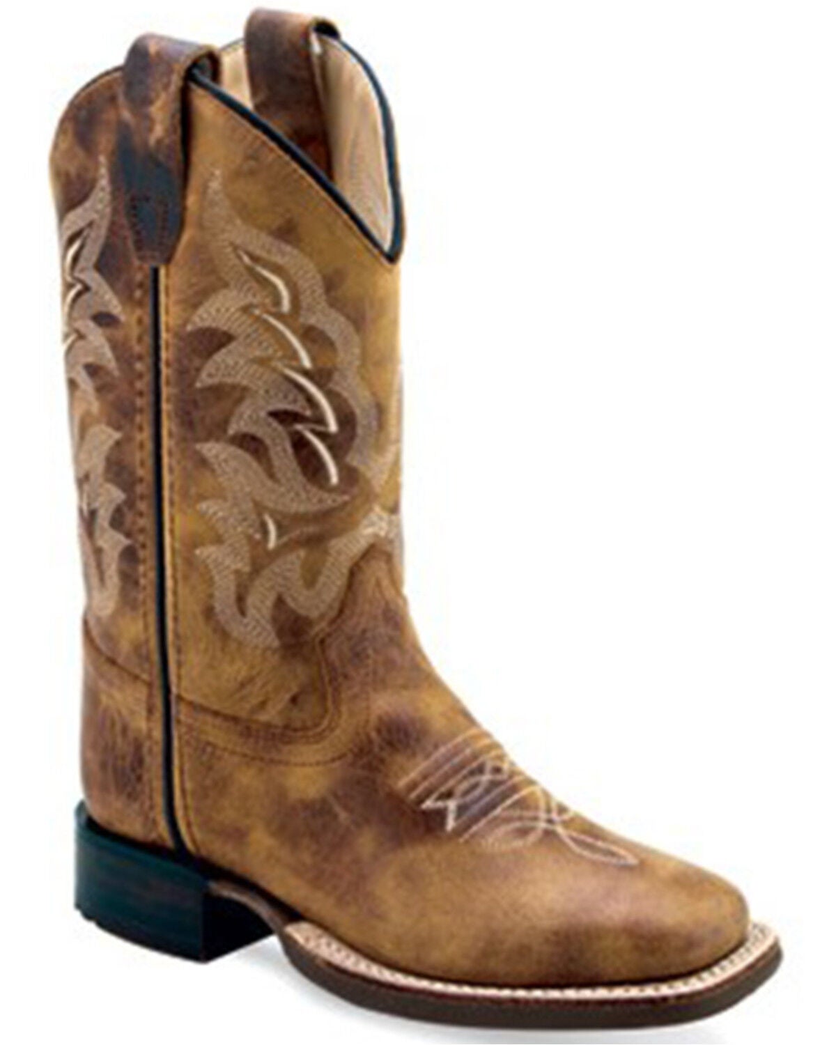 Old West Boys' Burnt Western Boots - Broad Square Toe, Tan