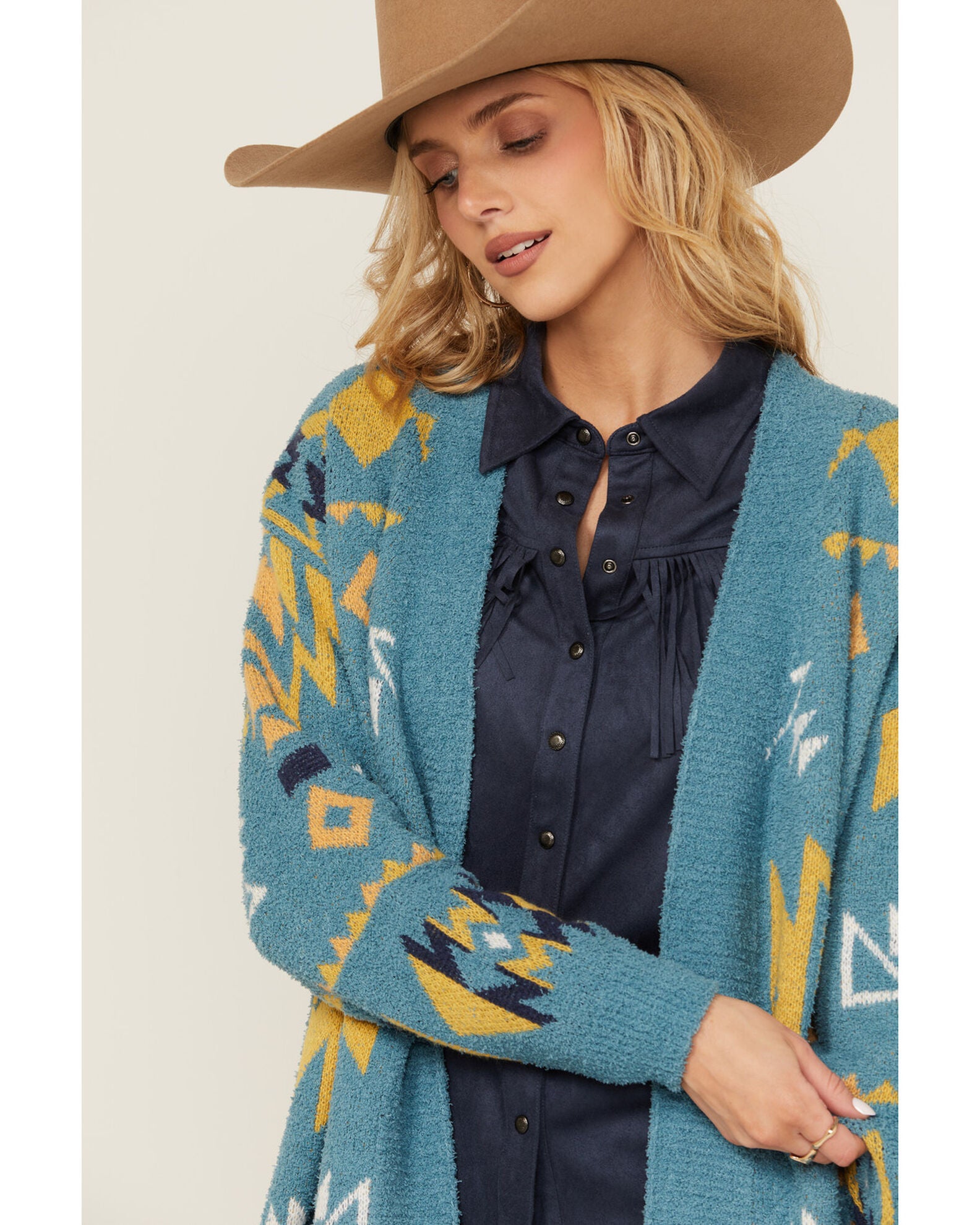 Angie Women's Southwestern Print Open Front Sweater, Teal