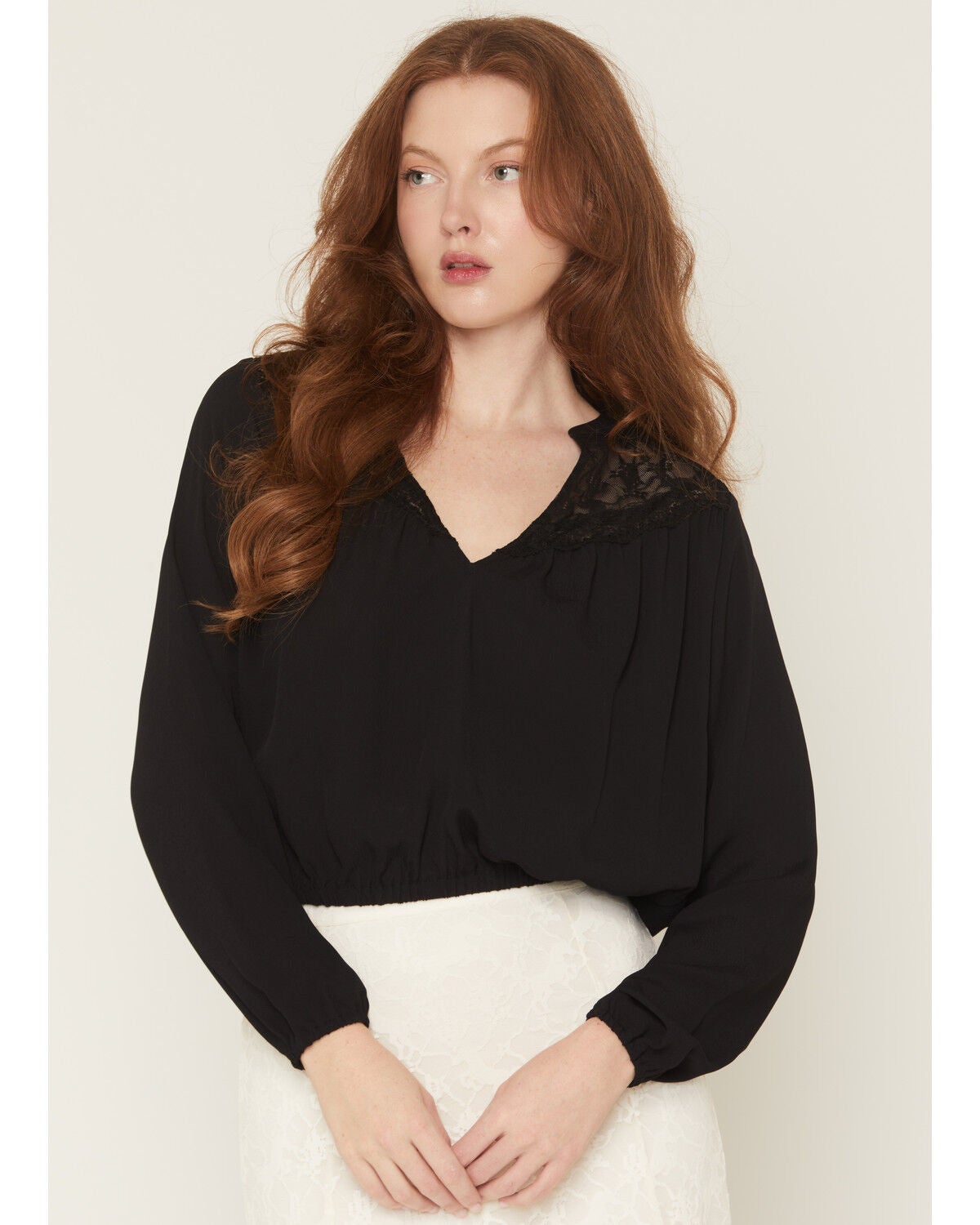 Idyllwind Women's Wren Lace Trim Long Sleeve Georgette Top, Black