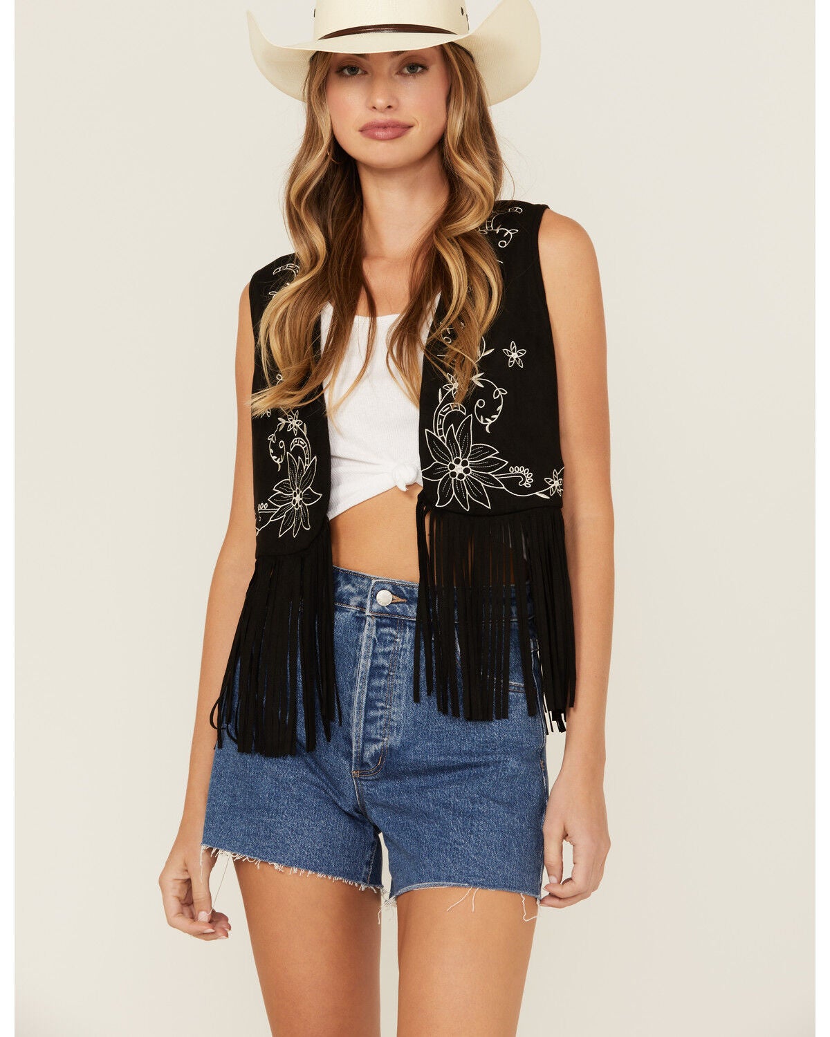 Vocal Women's Floral Embroidered Faux Suede Fringe Vest,
