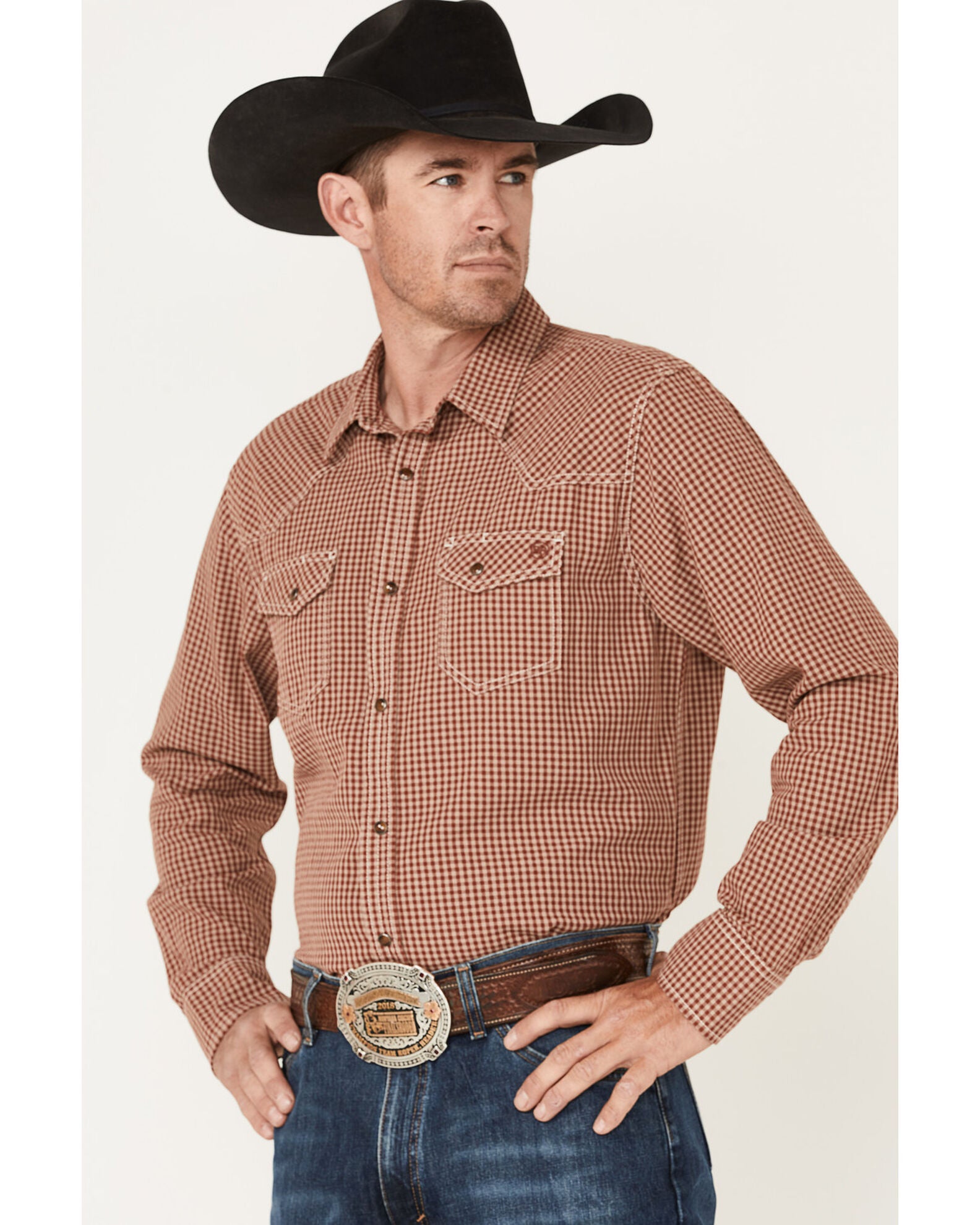 Product Name: Blue Ranchwear Men's Gingham Print Long Sleeve Snap ...