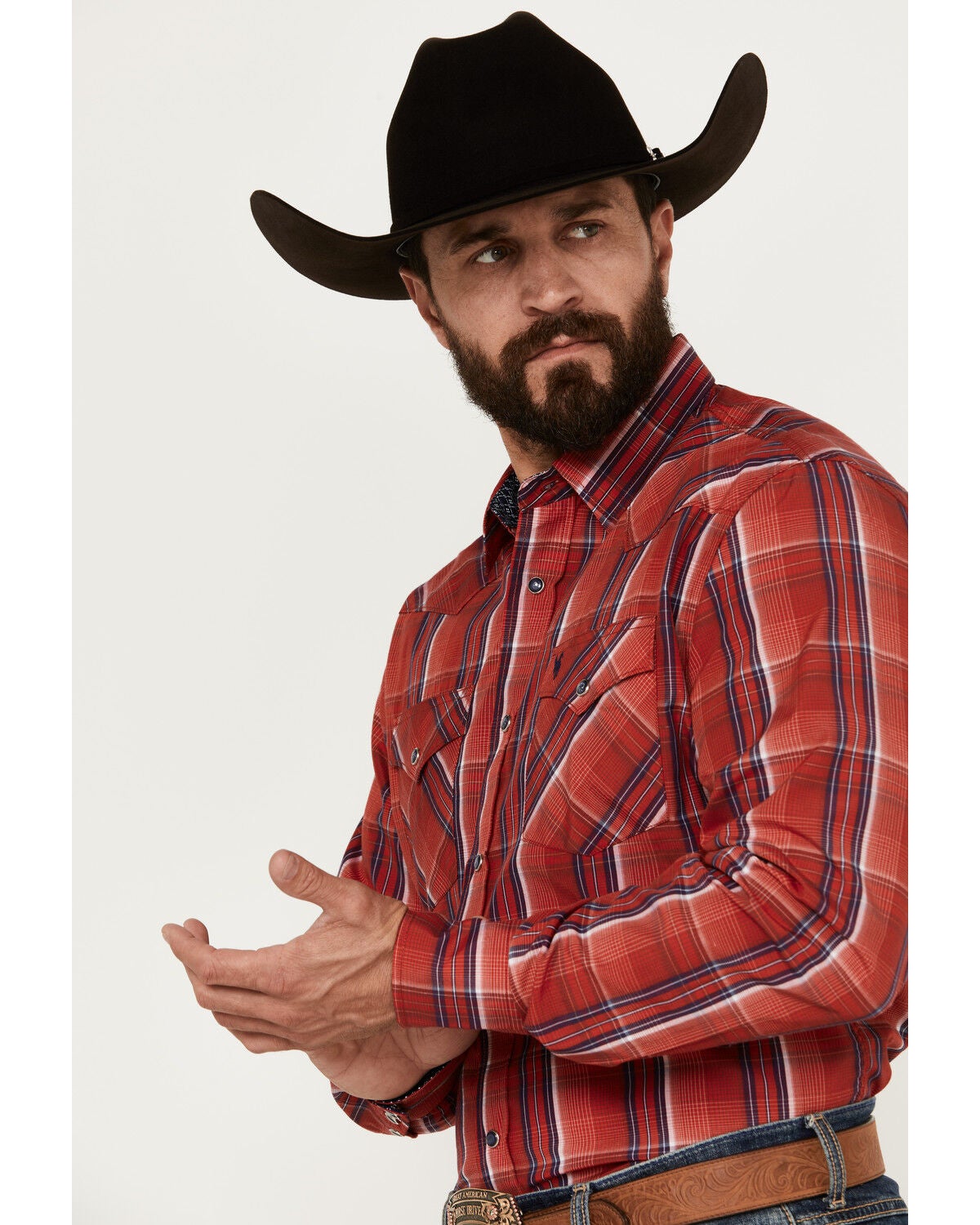 Rodeo Clothing Men's Plaid Print Long Sleeve Snap Western Shirt, Red