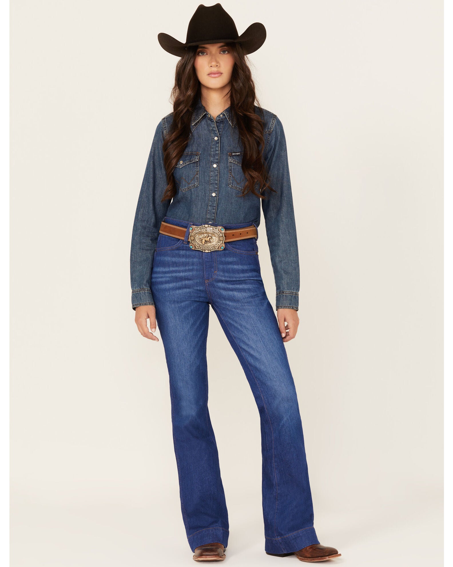 Wrangler Retro Women's Frances Medium Wash High Rise Trouser Stretch Denim Jeans, Medium Wash