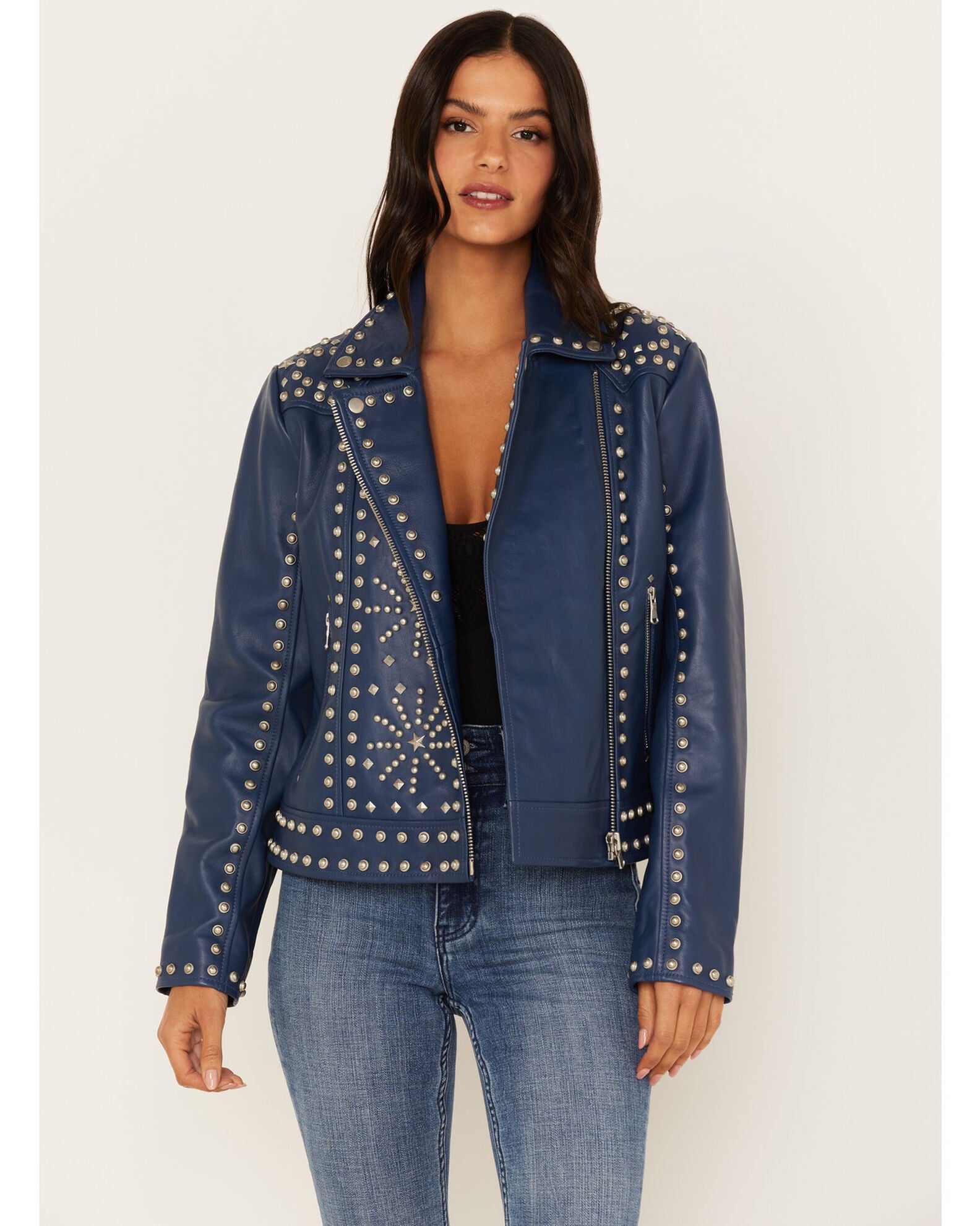 Idyllwind Women's Studded Moto Leather Jacket, Blue