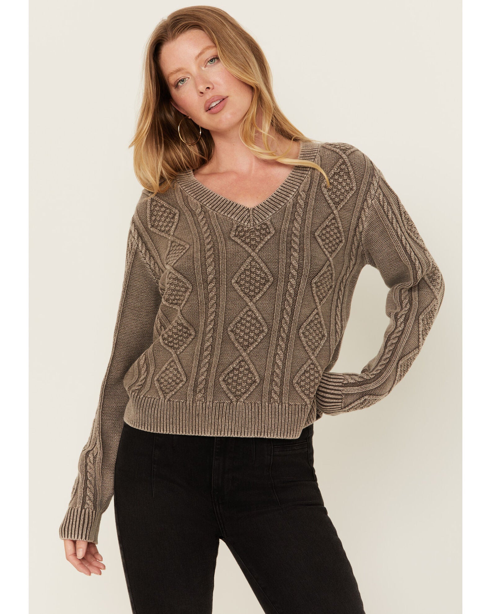 Cleo + Wolf Women's Clark Acid Wash Cable Knit Sweater, Charcoal