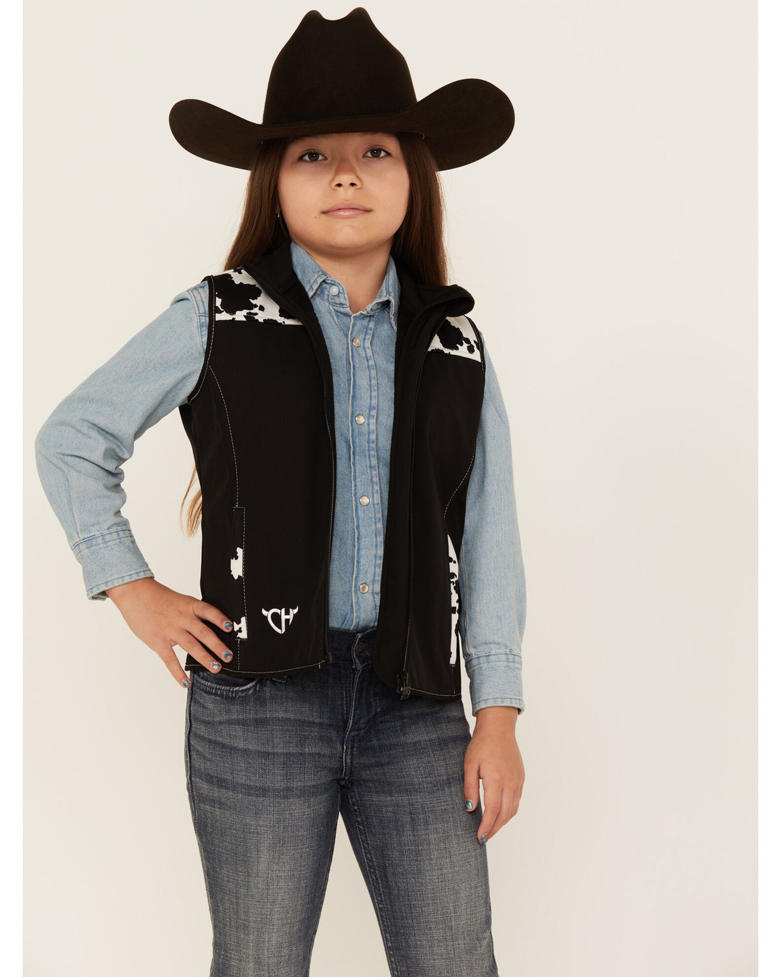 Product Name: Cowgirl Hardware Girls' Cow Print Yoke Poly Shell Vest