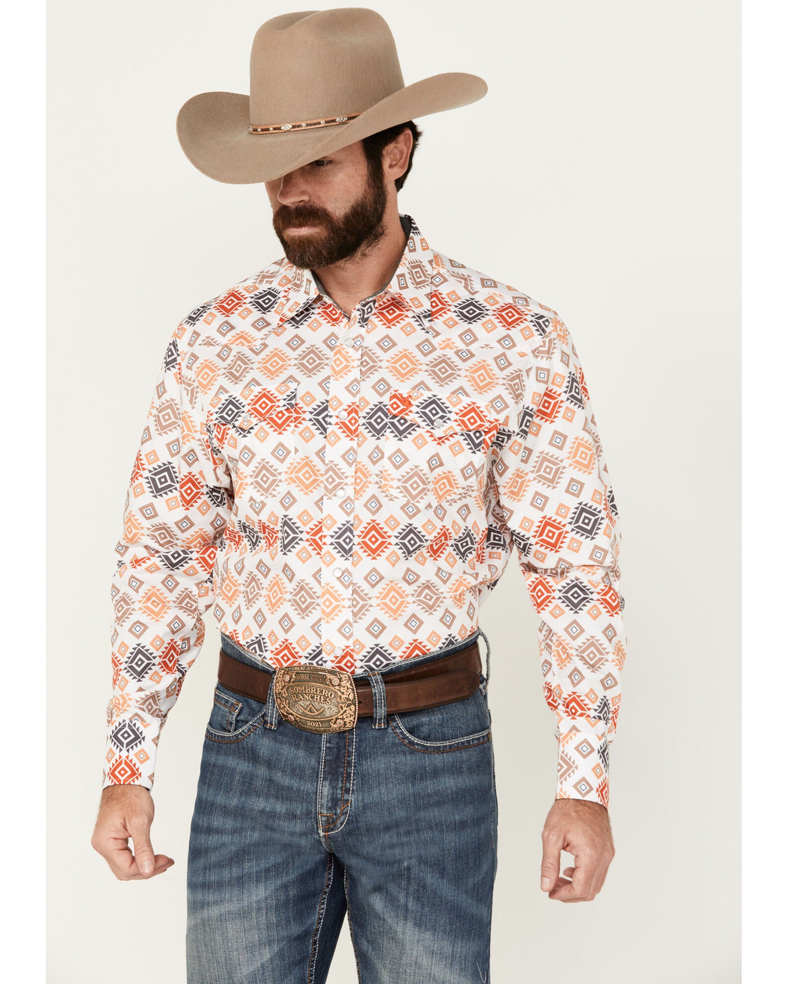 Rodeo Clothing Men's Southwestern Print Long Sleeve Pearl Snap Western ...