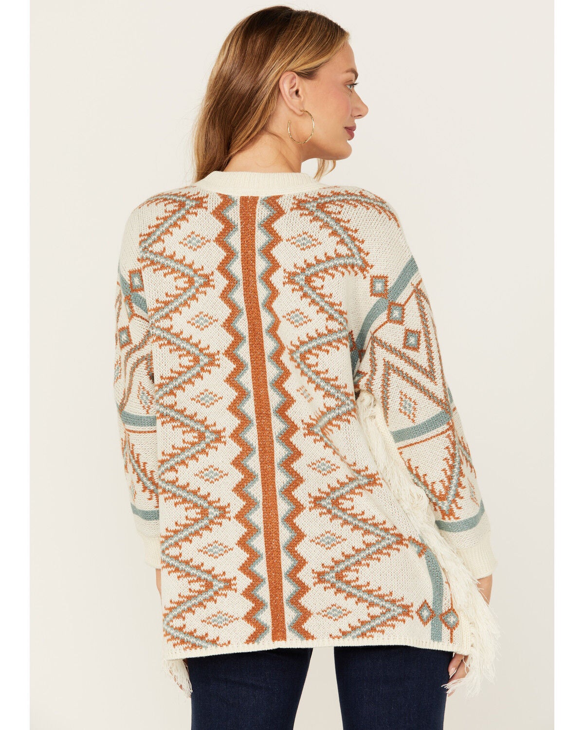 Shyanne Women's Southwestern Print Open Front Fringe Cardigan, Cream