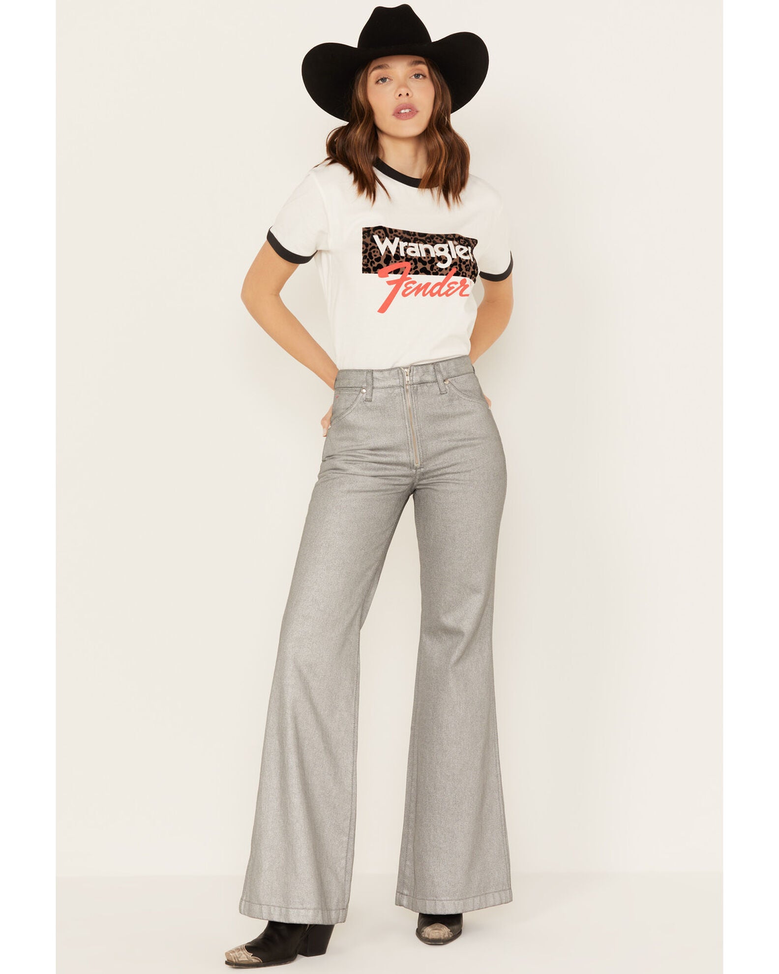Wrangler X Fender Women's Metallic Wanderer Flare Jeans, Silver