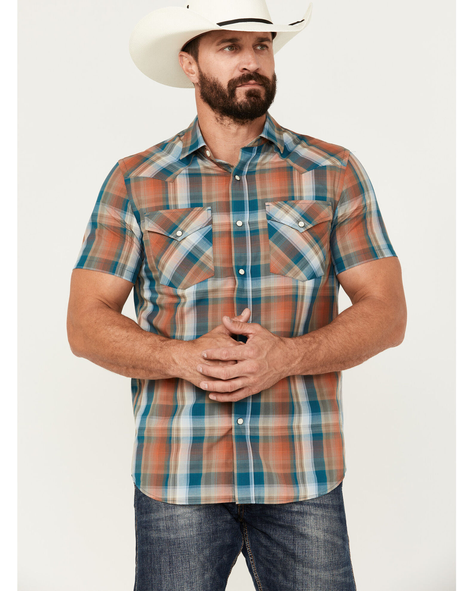Pendleton Mens Frontier Plaid Print Short Sleeve Pearl Snap Western