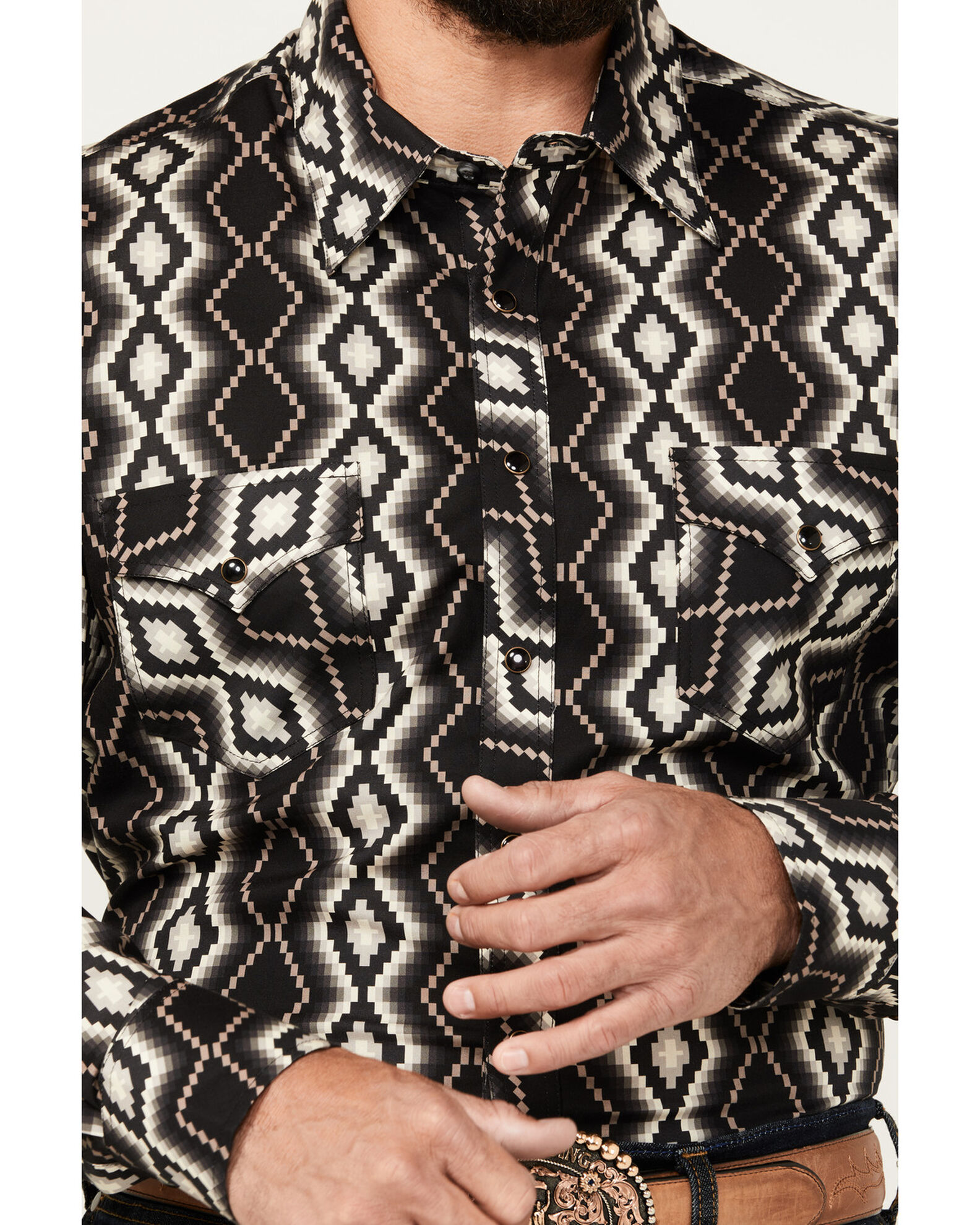 Rock And Roll Denim Mens Southwestern Print Long Sleeve Snap Stretch