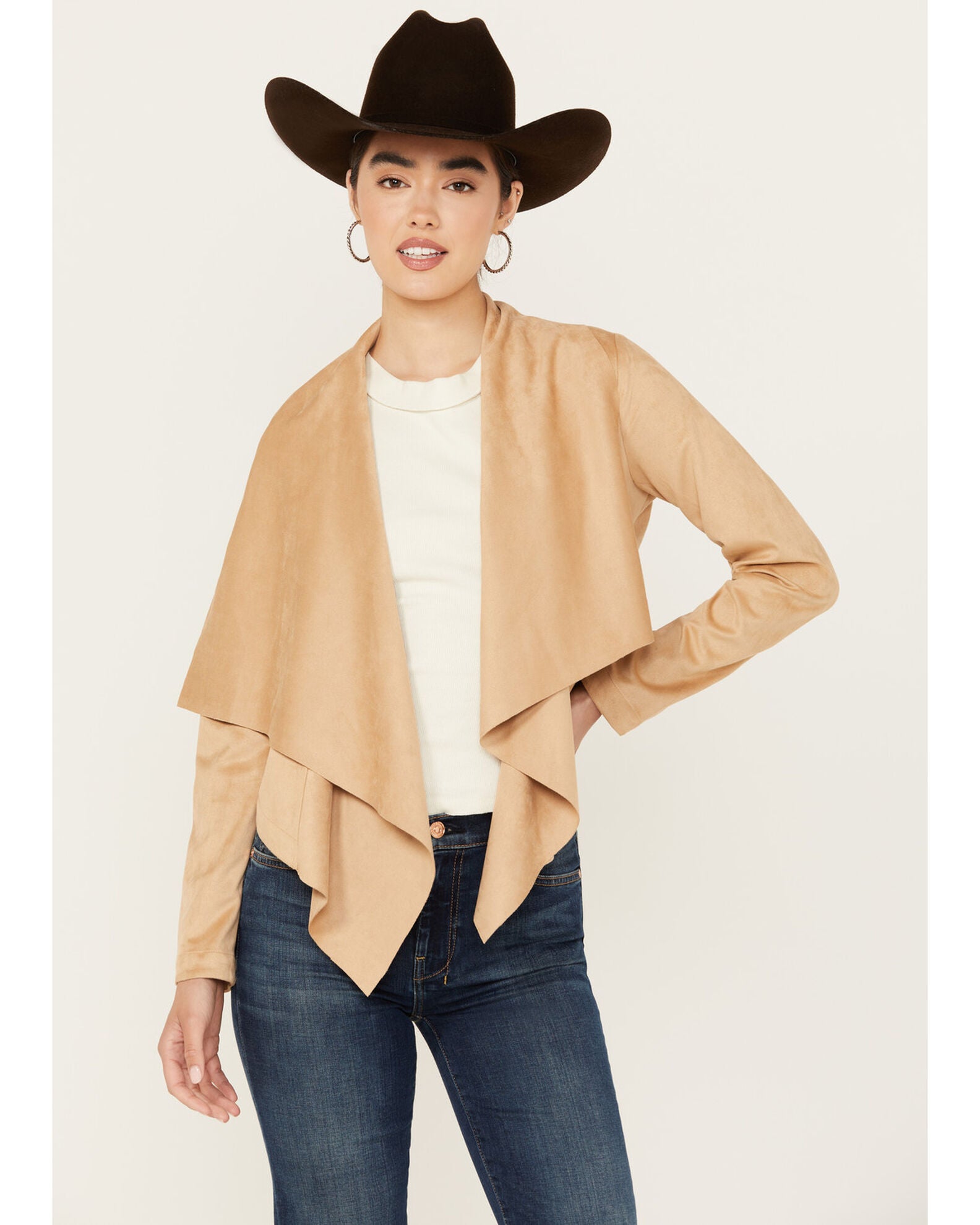 Shyanne Women's Faux Suede Cascade Collar Moto Jacket, Beige