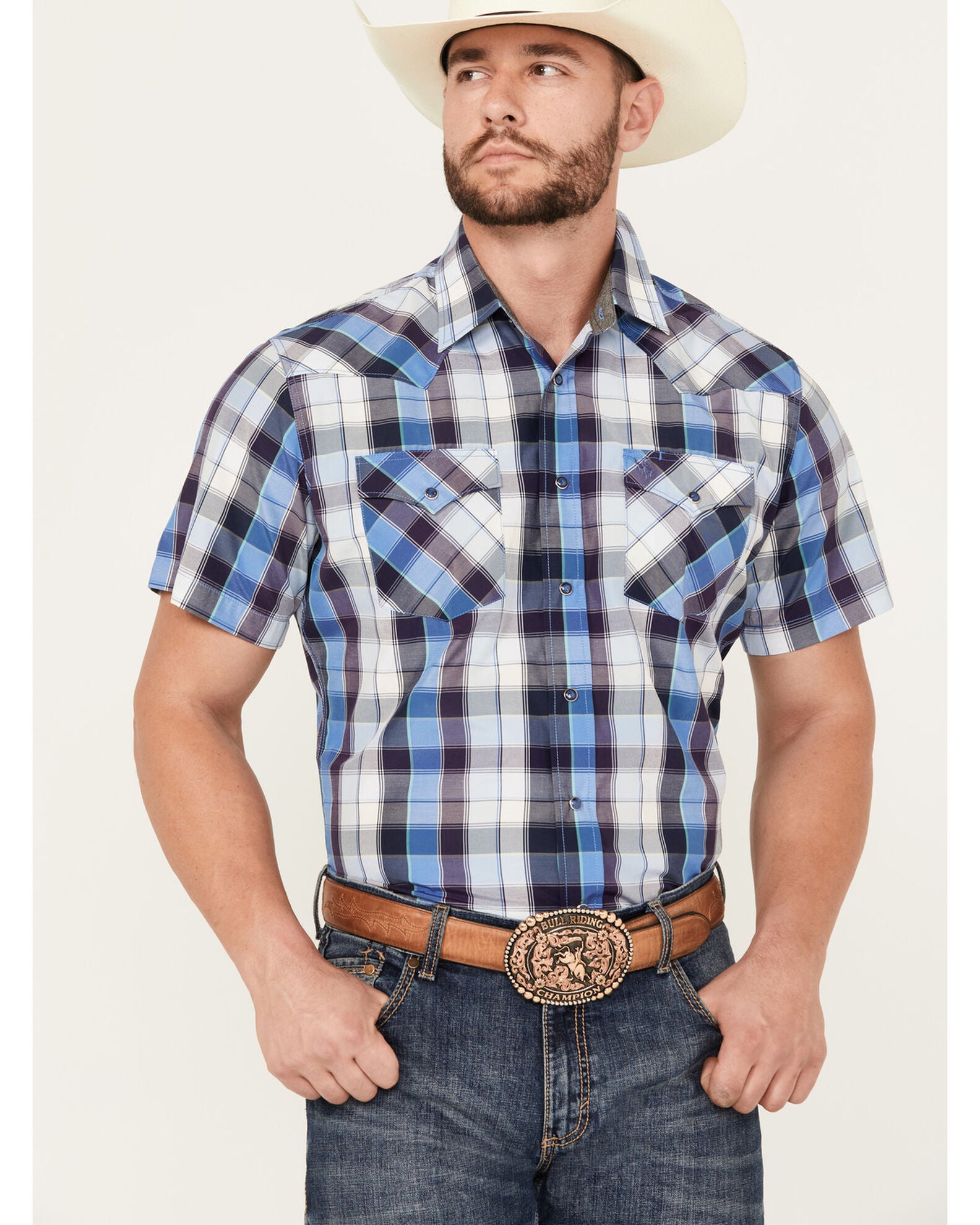 Product Name: Rodeo Clothing Men's Plaid Print Short Sleeve Snap Western Shirt