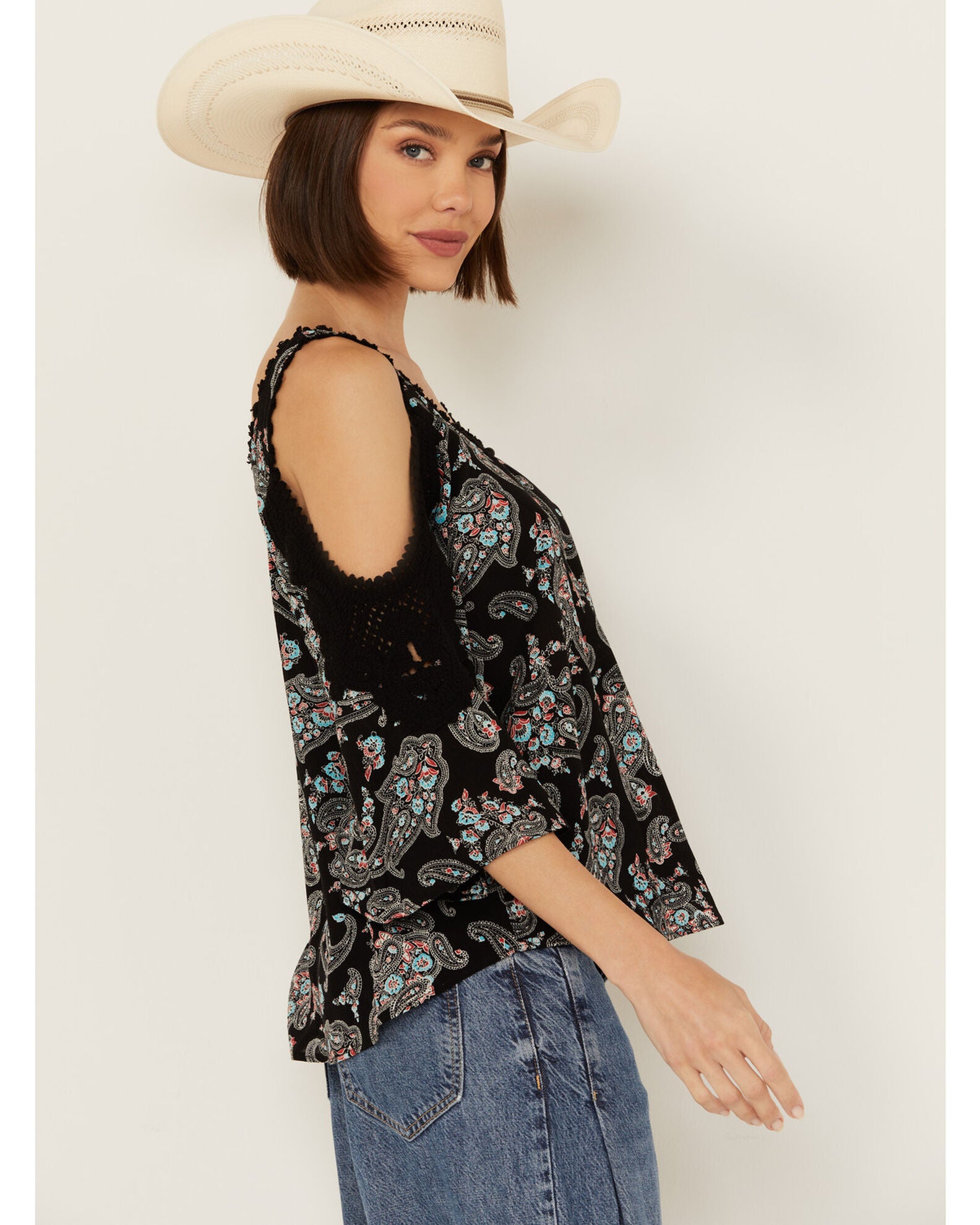 Product Name: Wild Moss Women's Paisley Print Crochet Cold Shoulder Top