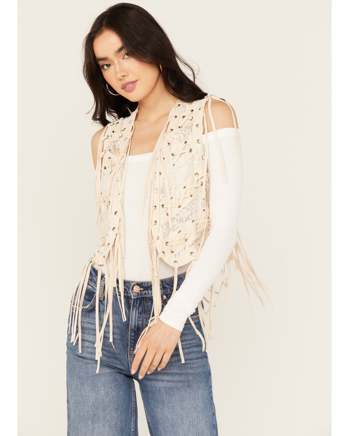 Vocal Women's Braided Lace Fringe Vest, Natural