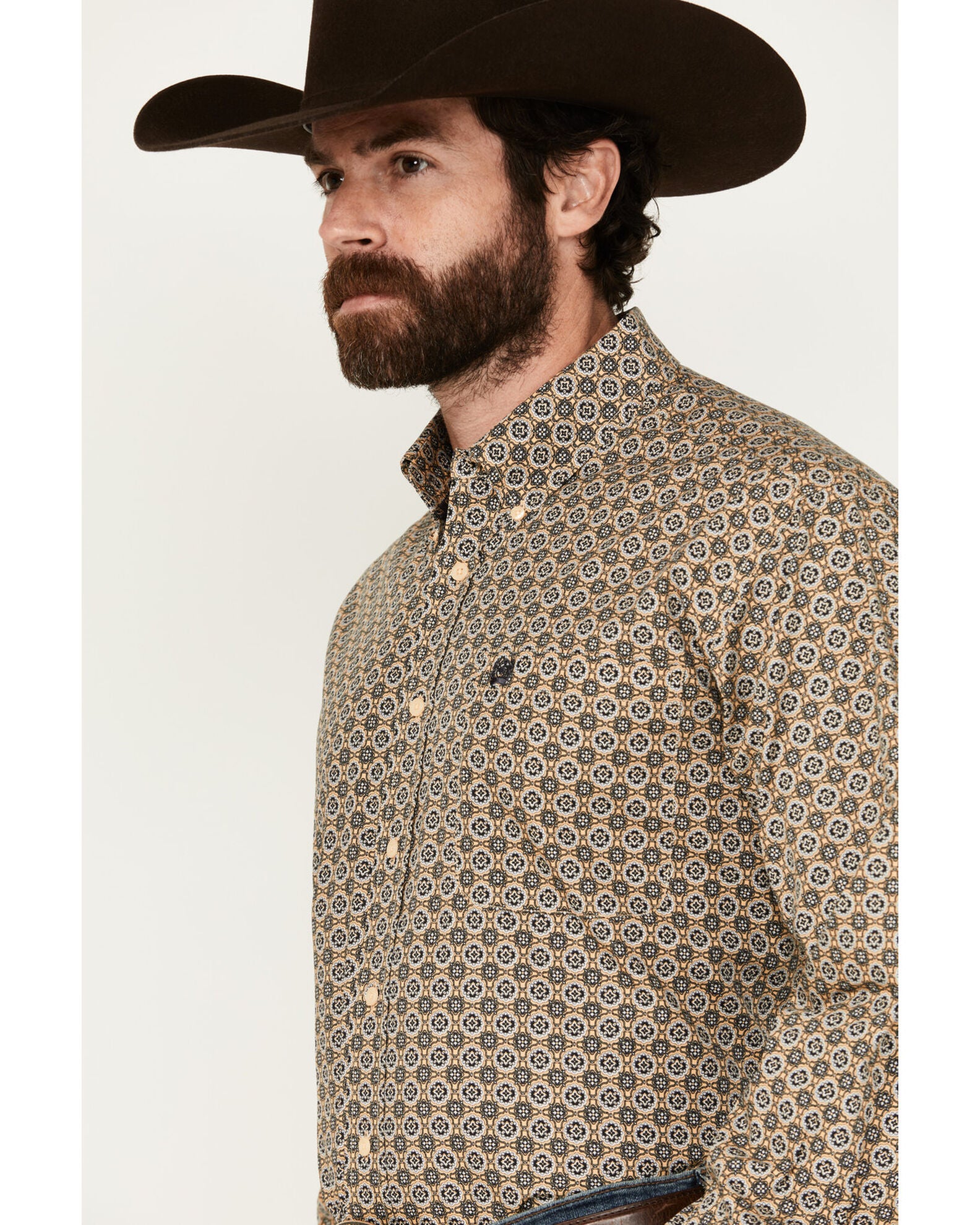 Cinch Men's Medallion Print Long Sleeve Button-Down Western Shirt, Gold