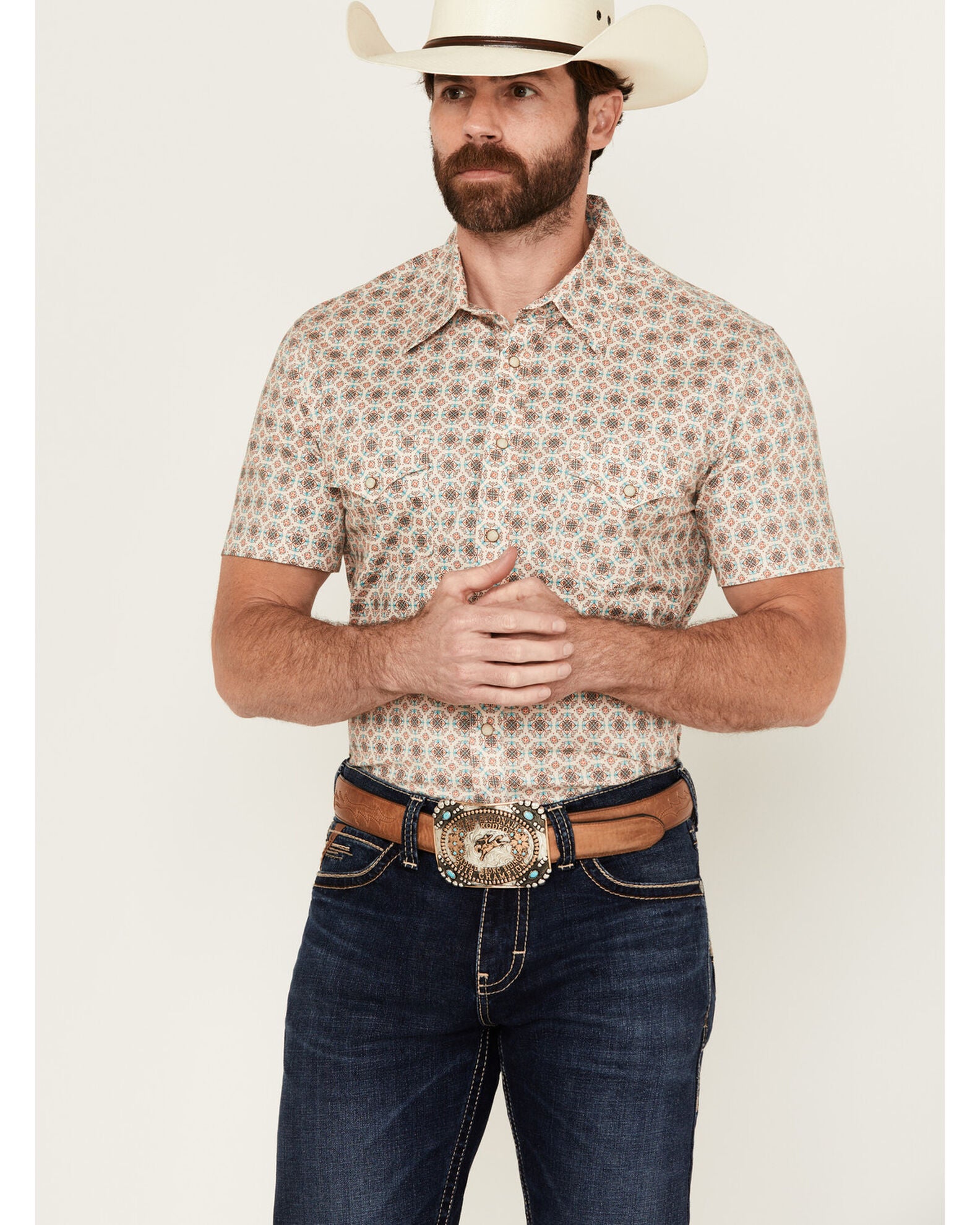 Product Name: Rock & Roll Denim Men's Medallion Print Short Sleeve Snap ...