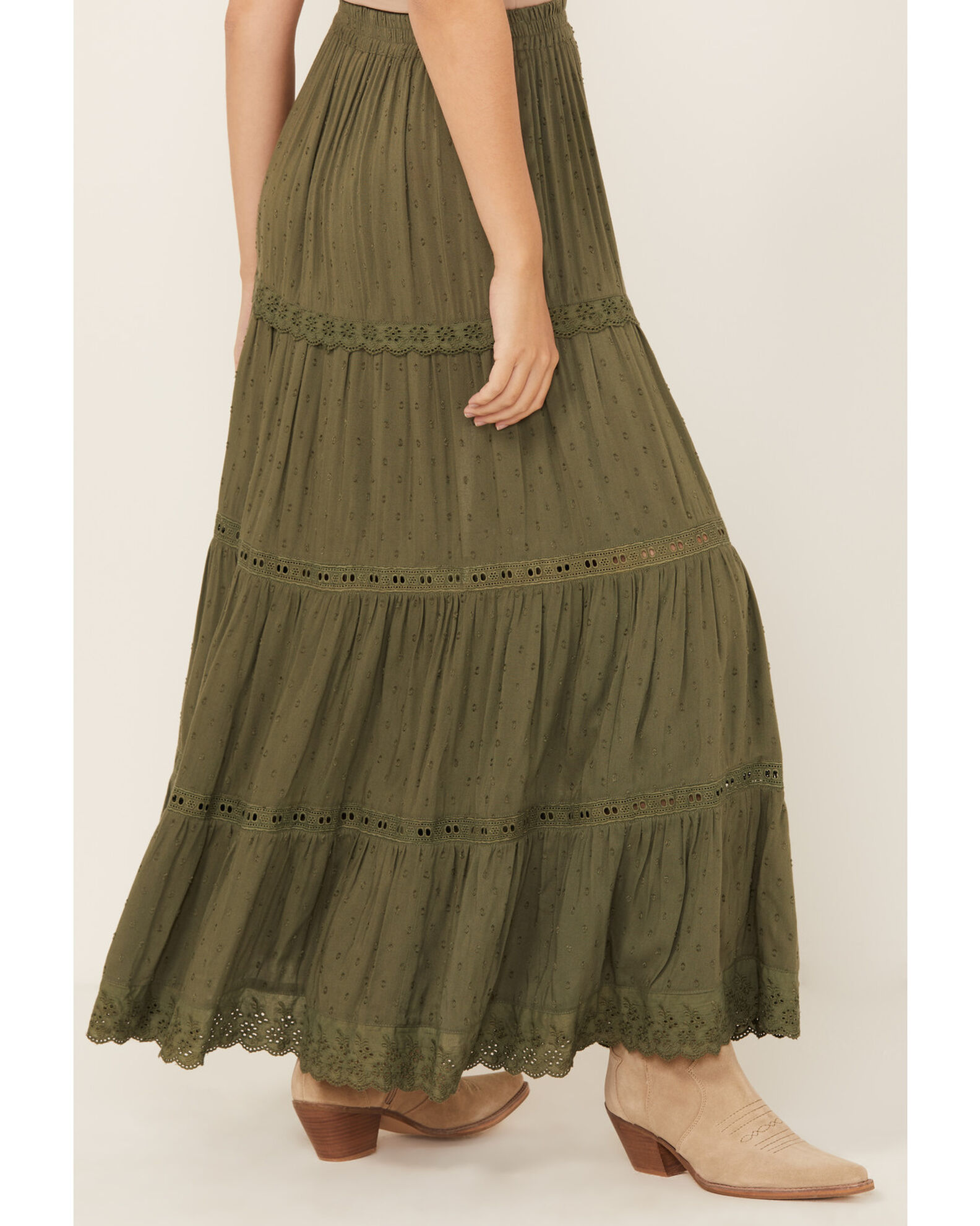 Angie Womens Tiered Maxi Skirt Olive