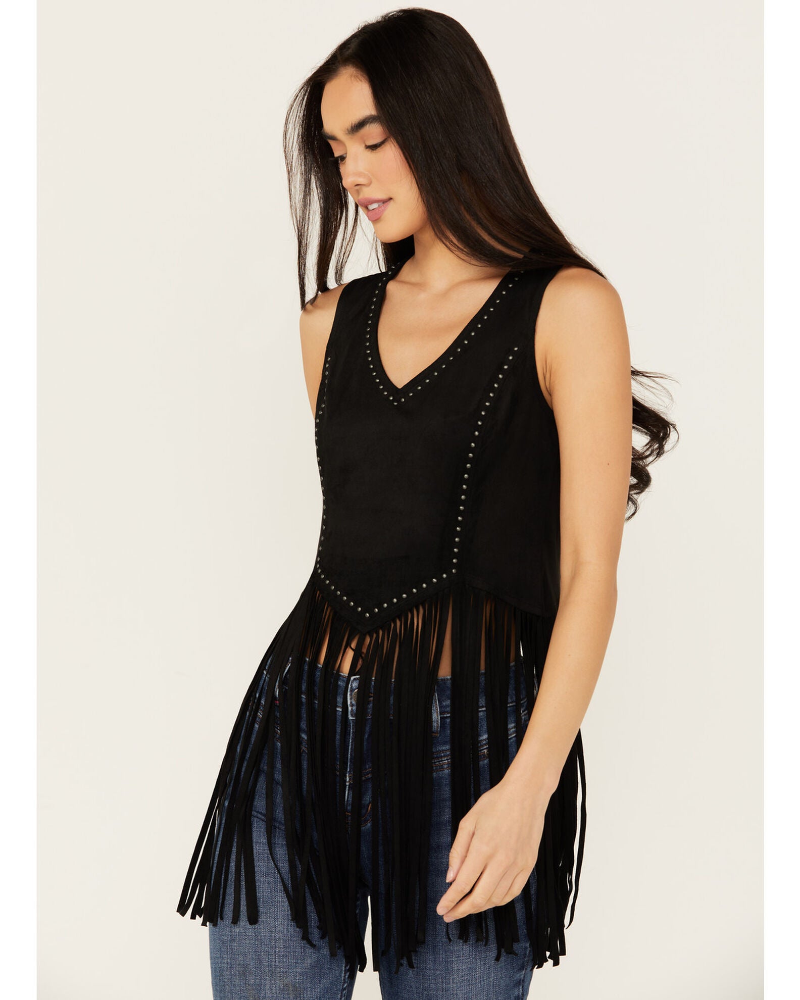 Idyllwind Women's Monticello Fringe Faux Suede Studded Tank, Black