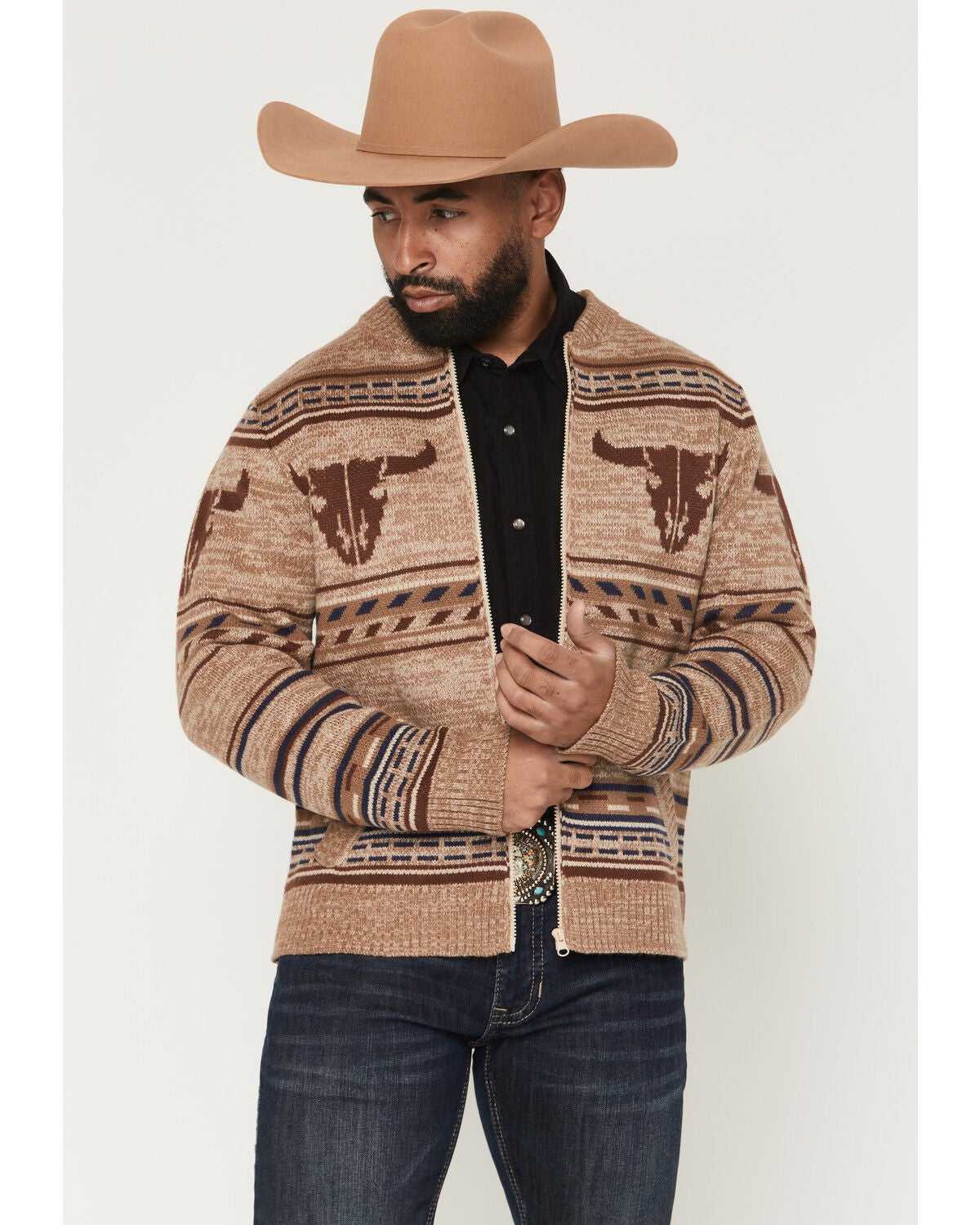 Cotton & Rye Men's Novelty Steerhead Zip-Up Sweater, Tan