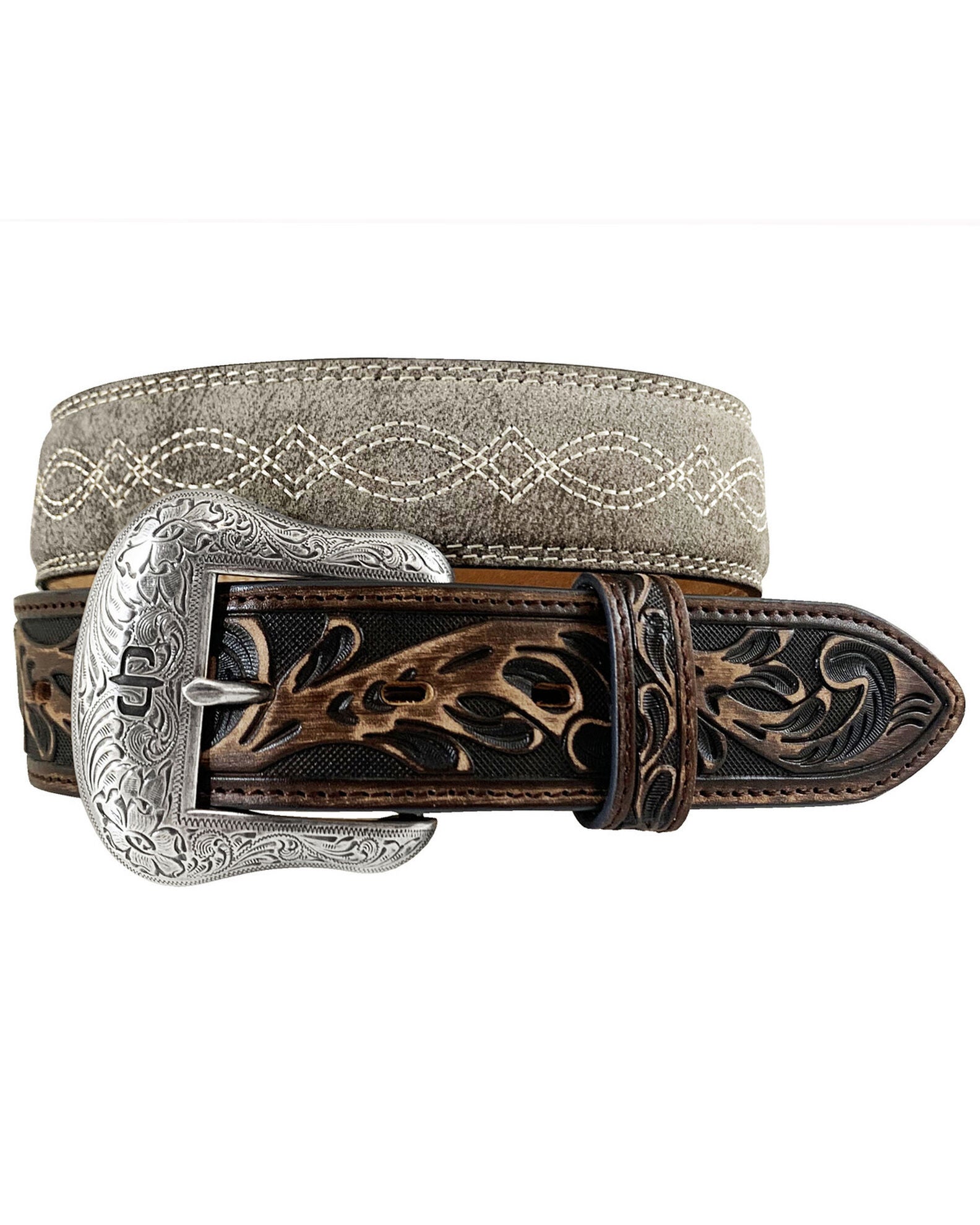 Stetson Men's Tooled Leather Belt, Taupe
