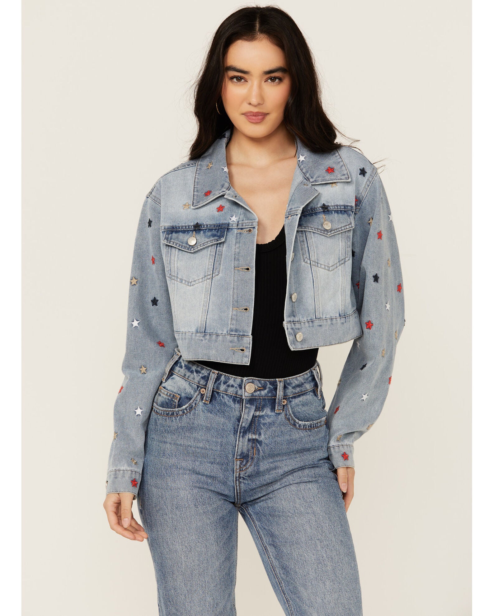 Product Name: Stoosh Women's Medium Wash Star Embroidered Cropped Denim Jacket