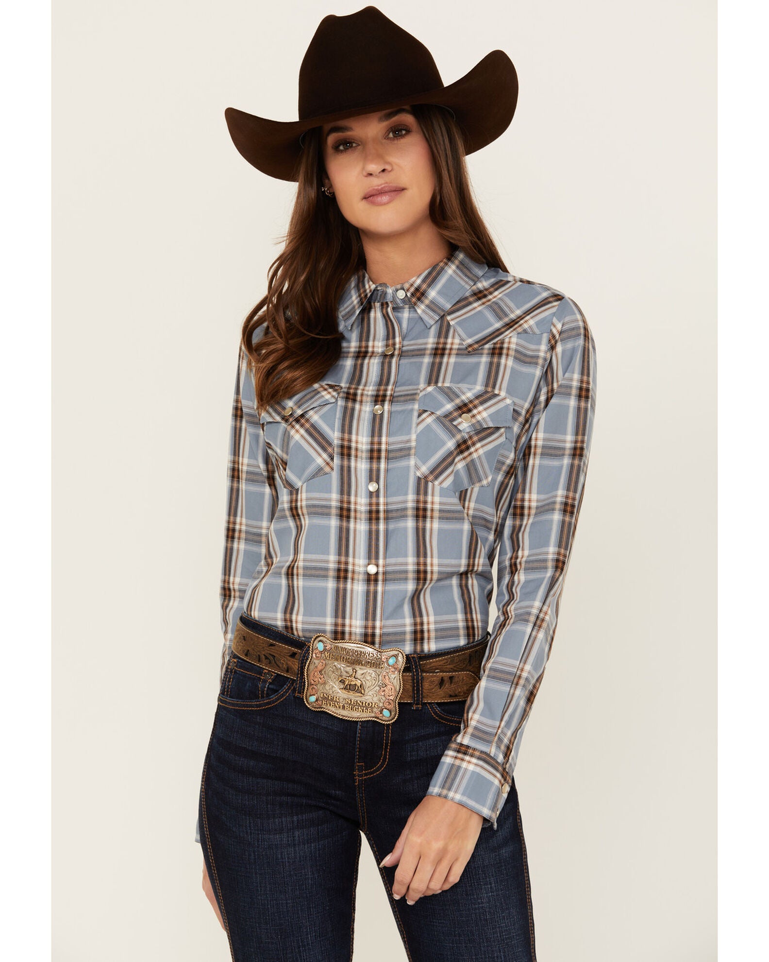 Product Name: Wrangler Women's Plaid Print Long Sleeve Pearl Snap Western Shirt