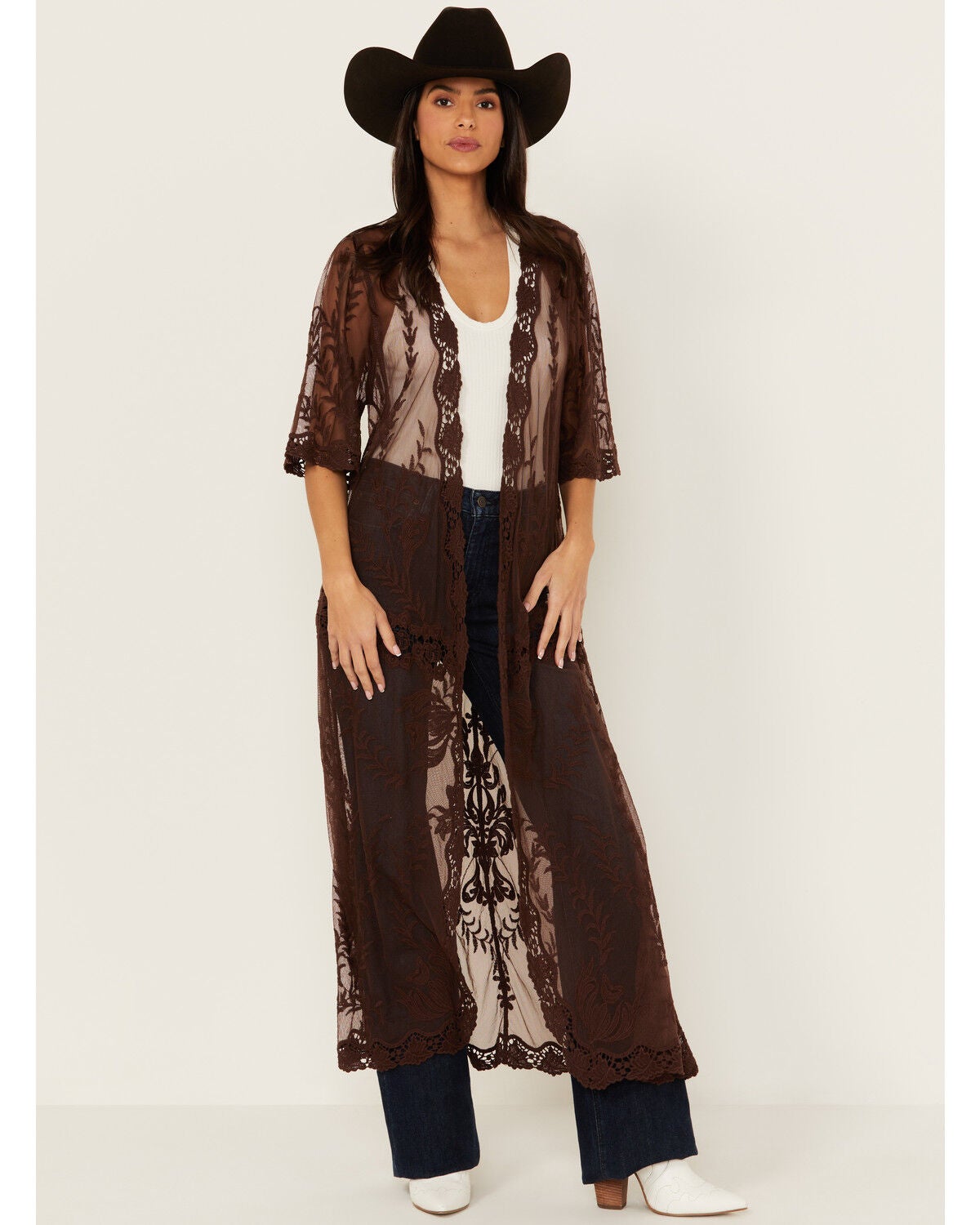 Shyanne Women's Long Knit Lace Kimono, Dark Brown
