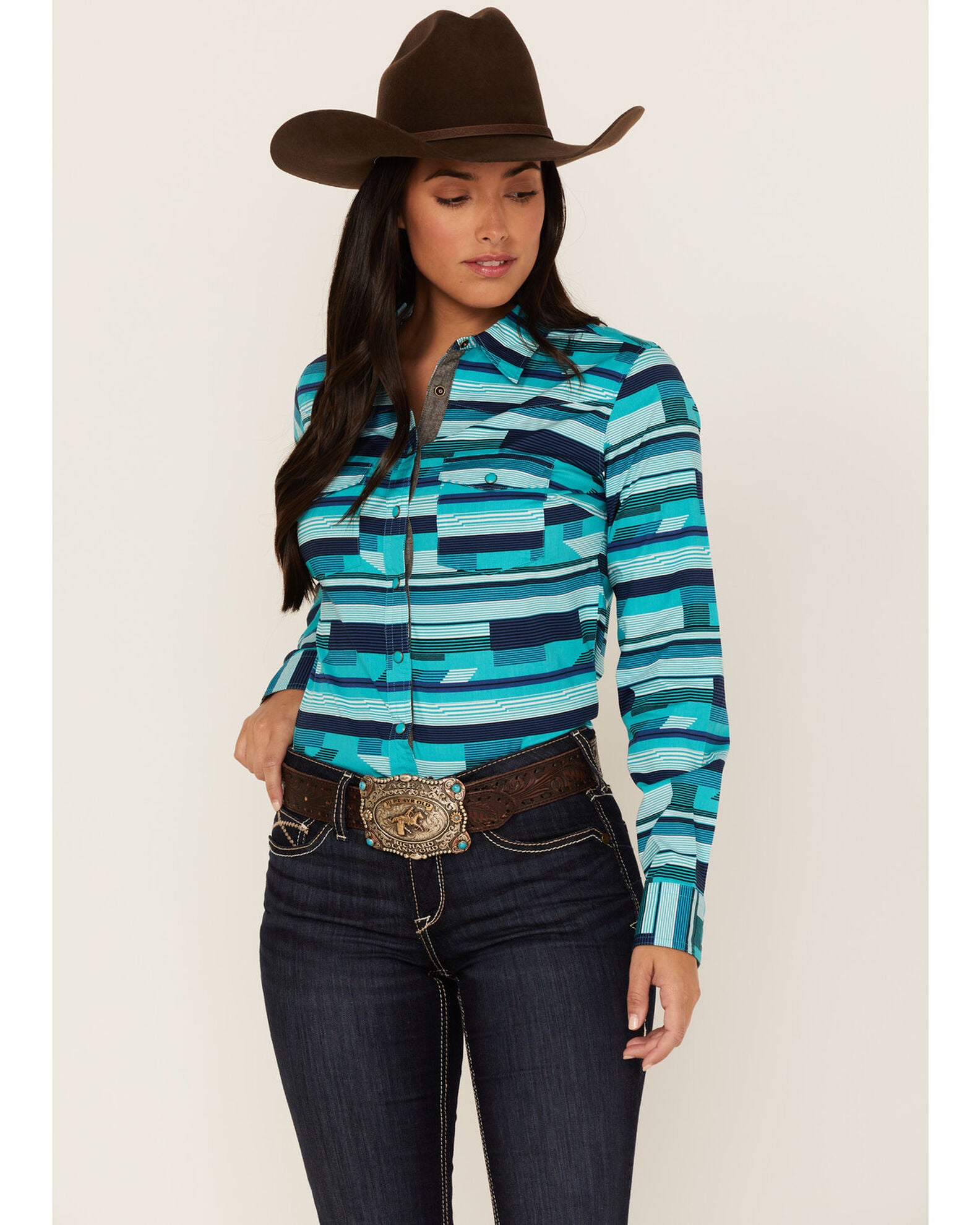 Product Name: RANK 45® Women's Geo Stripe Print Long Sleeve Stretch Western Riding Shirt