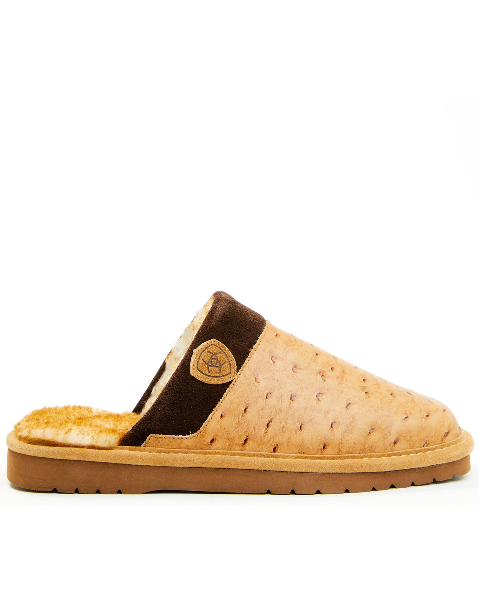 Ariat Men's Silversmith Full Quill Ostrich Print Slippers, Tan