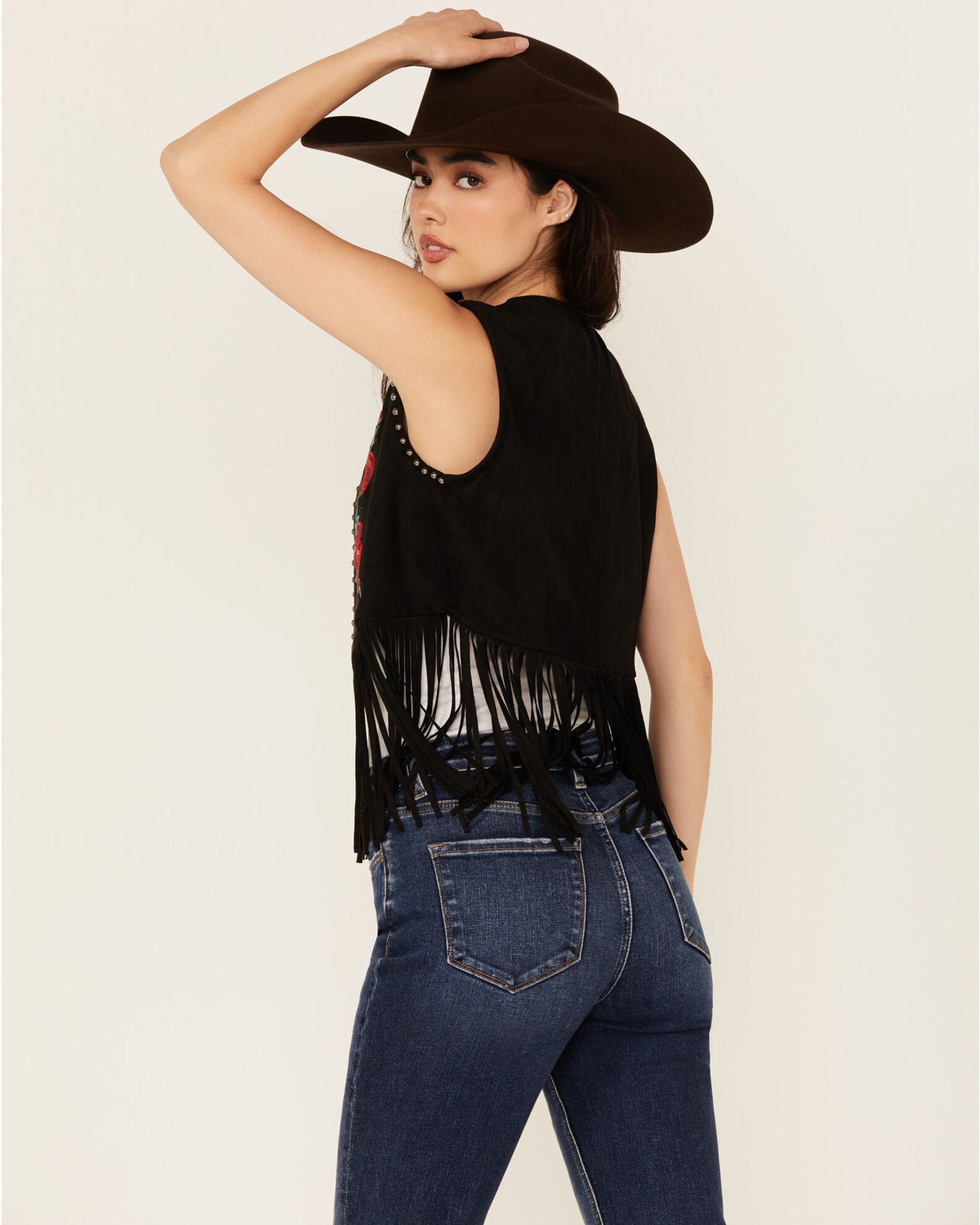 Vocal Women's Embroidered Rose Faux Suede Fringe Vest, Black