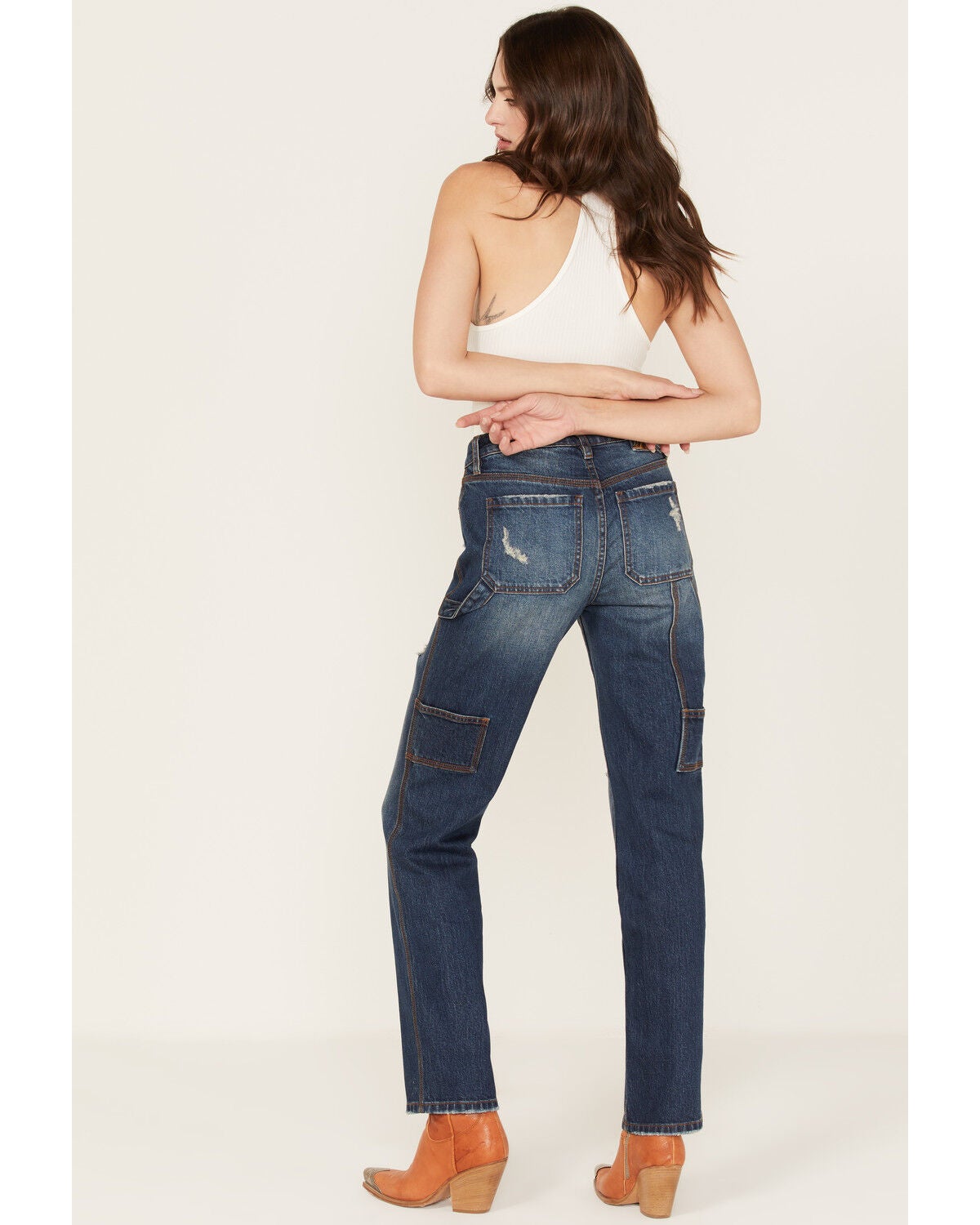 Cleo + Wolf Women's Medium Wash Mid Rise Distressed Cargo Straight ...
